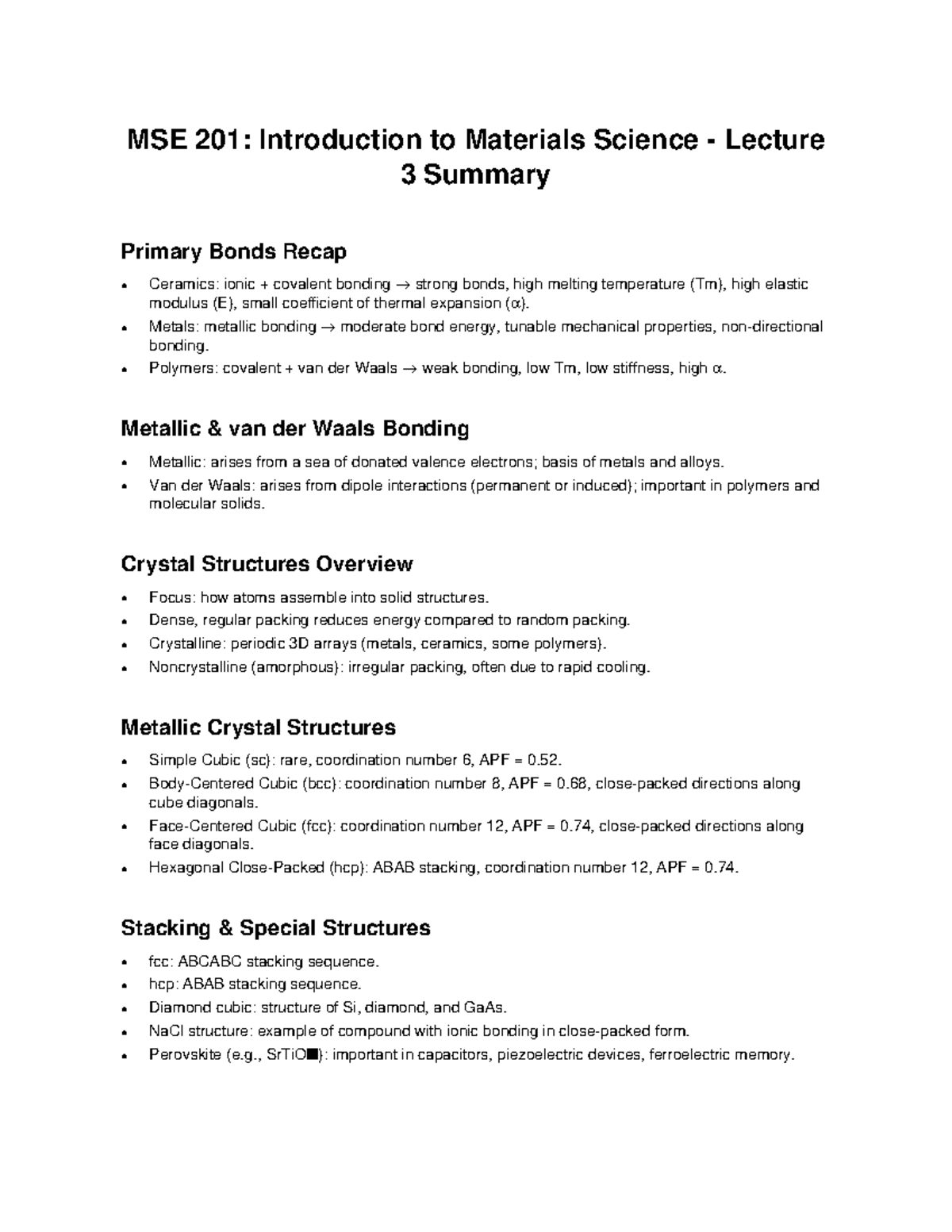 MSE 201: Lecture 3 Summary on Primary Bonds and Crystal Structures ...