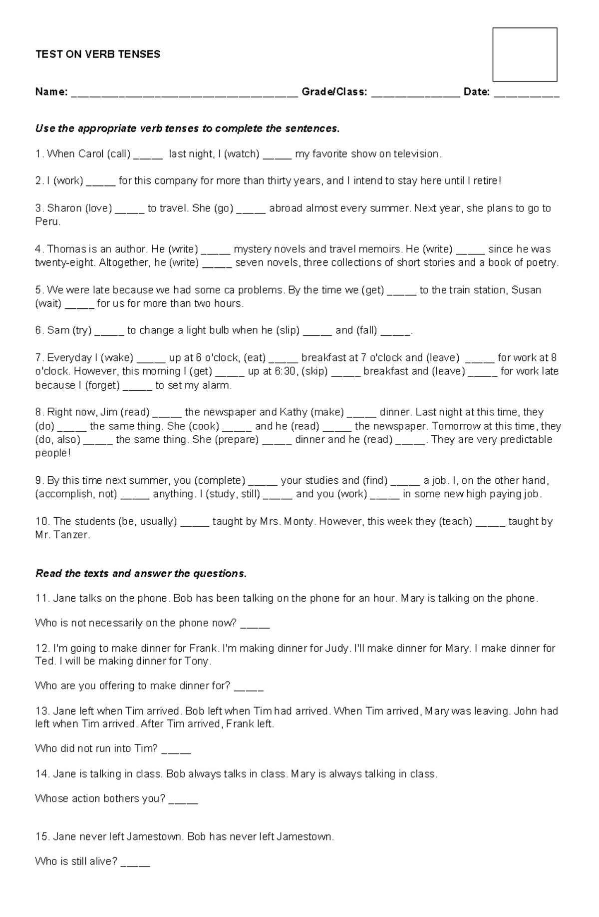 TEST ON VERB TENSES - Practice & Questions for Review - Studocu