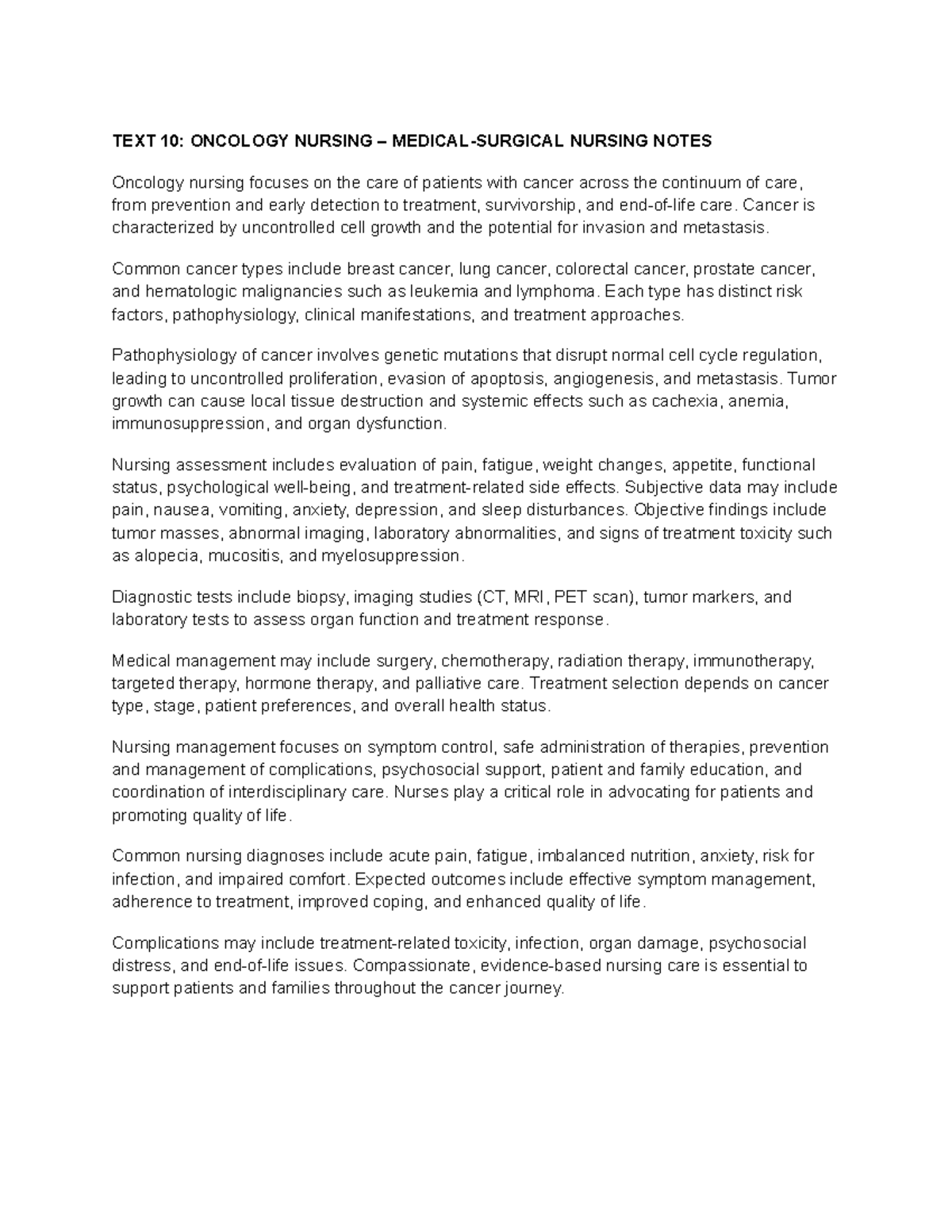T10: Oncology Nursing Notes - Comprehensive Patient Care Guide - Studocu