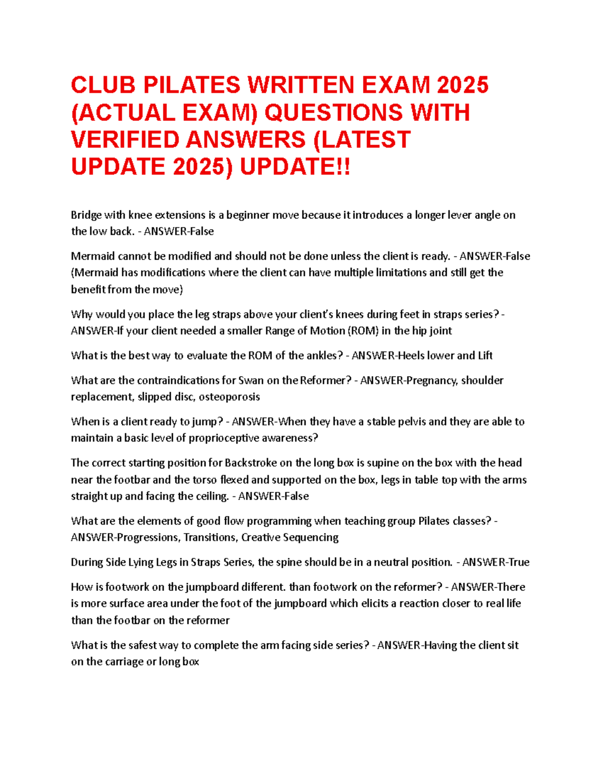 CLUB Pilates Written Exam 2025: Actual Questions & Verified Answers ...