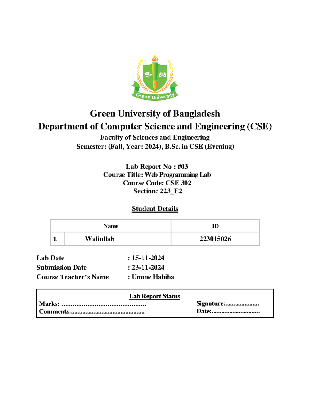 Web programming lab report 03 - Lab Report Status Marks