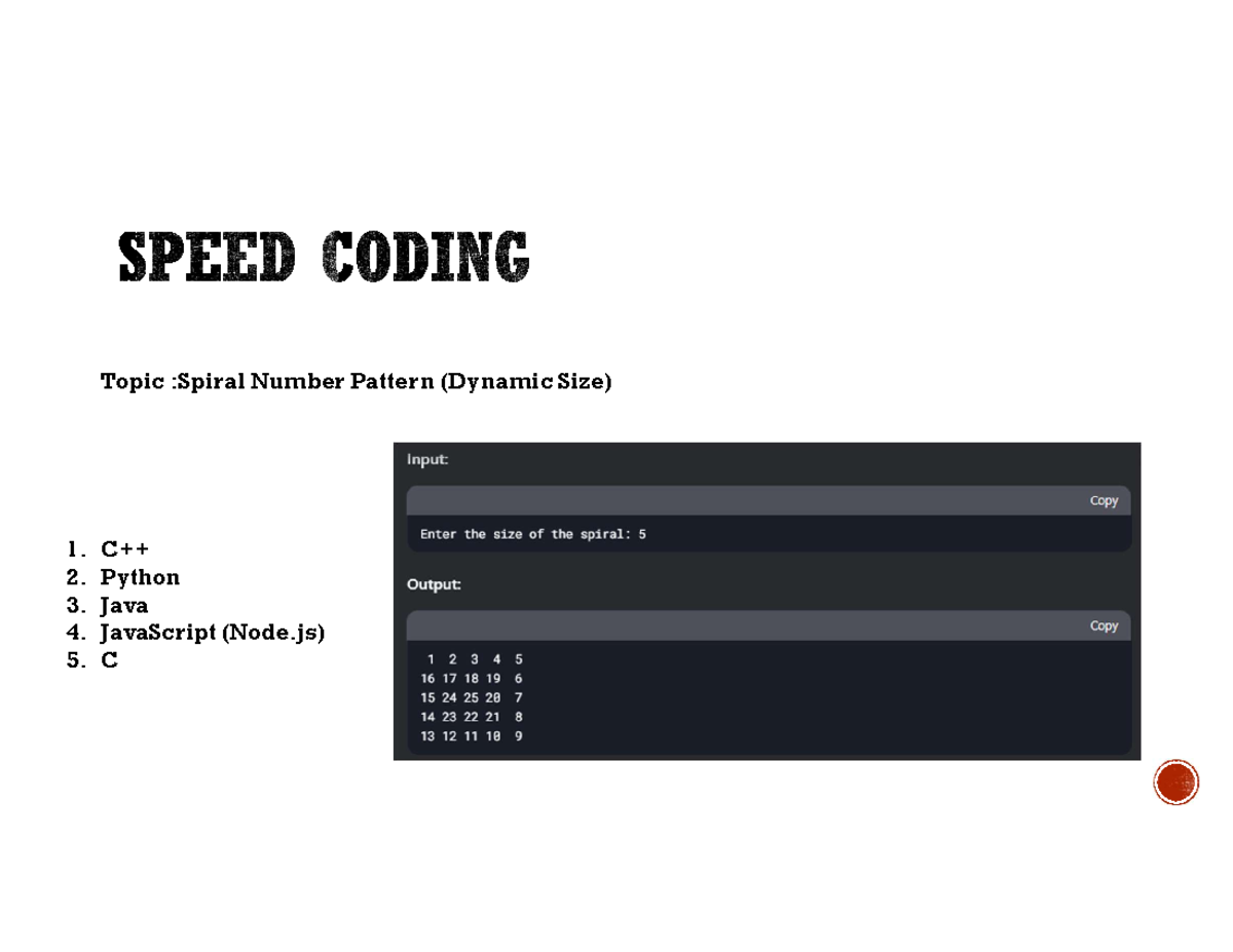 Speed Coding Wfacsxdsc 1 C 2 Python 3 Java 4 Javascript Node 5 C Topic Spiral