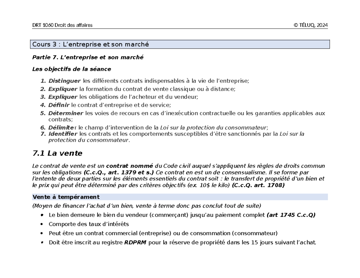 DRT 1060 Droit des affaires TÉLUQ, 2024 Cours 3 : L'entreprise et son ...