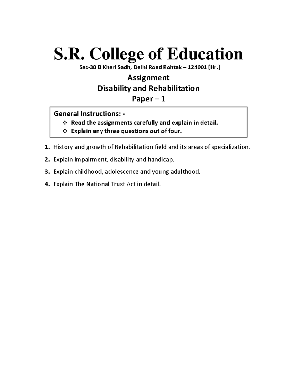 Disability and Rehabilitation: Paper 1 Assignment Insights - Studocu