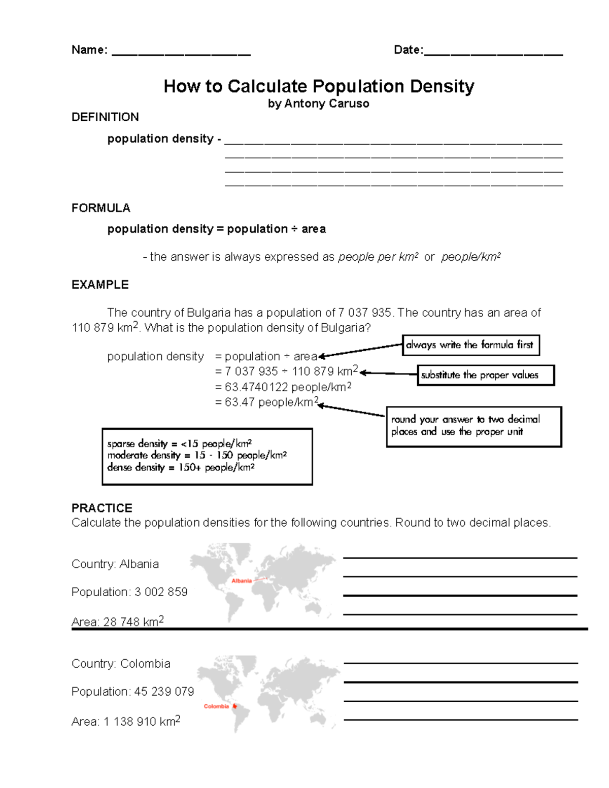 Population Density Worksheet: Calculating Densities & Examples - Studocu