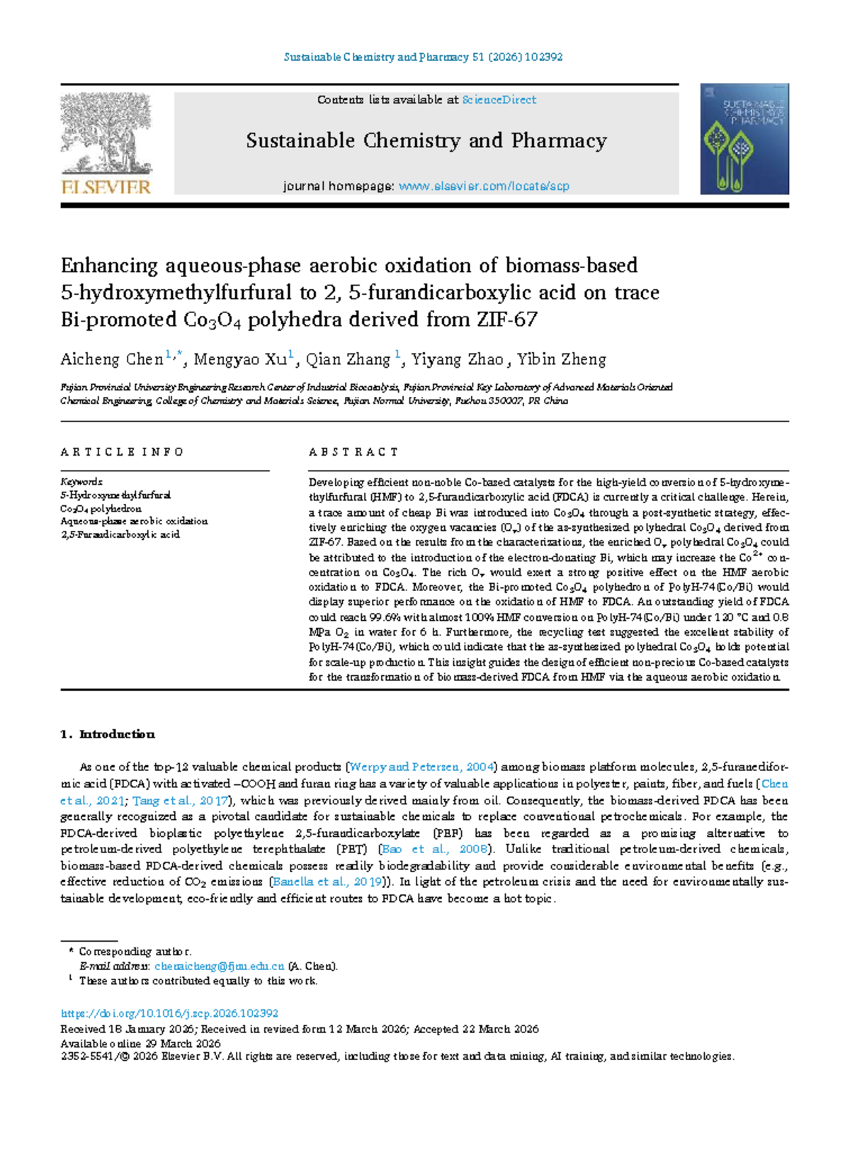 Enhancing Aerobic Oxidation of HMF to FDCA Using Co3O4 Catalysts (Chem ...