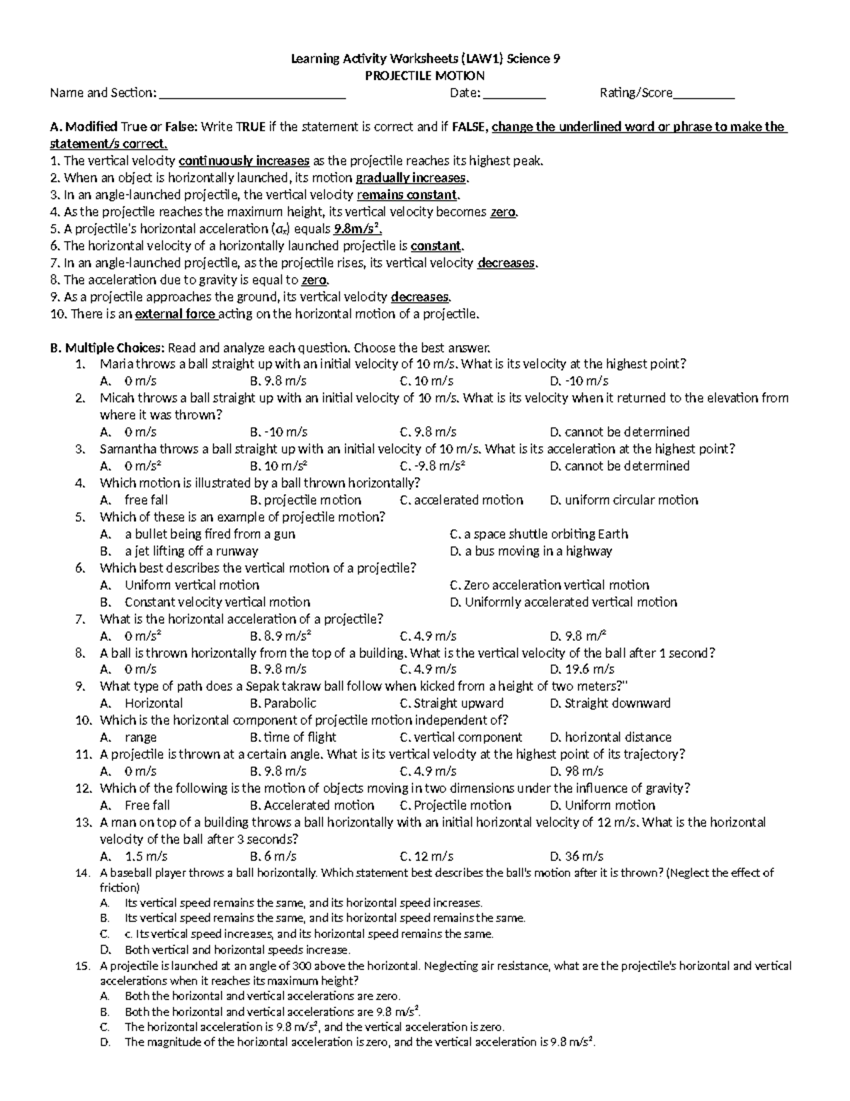 LAW-Projectile Motion Activities and Worksheets for Science 9 - Studocu