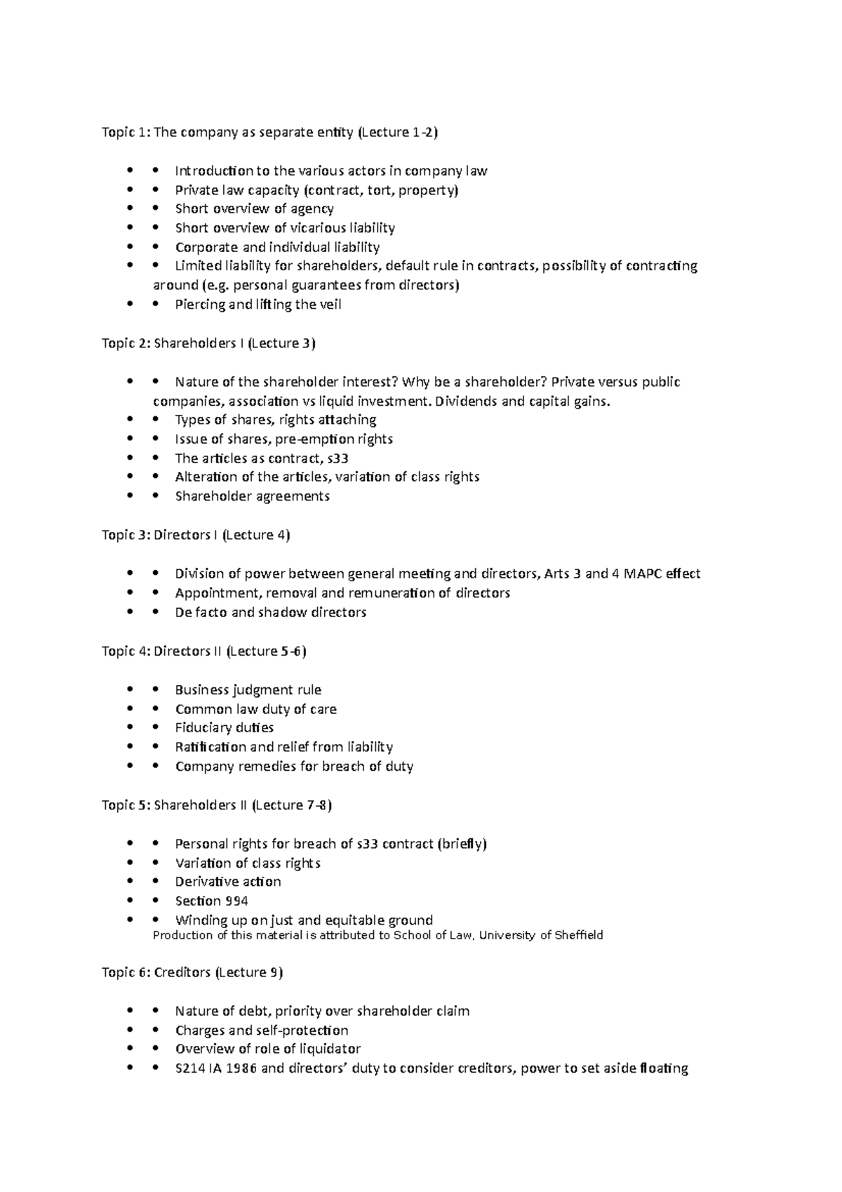 Checklist OF Topics - hkbjcjbv - Topic 1: The company as separate ...