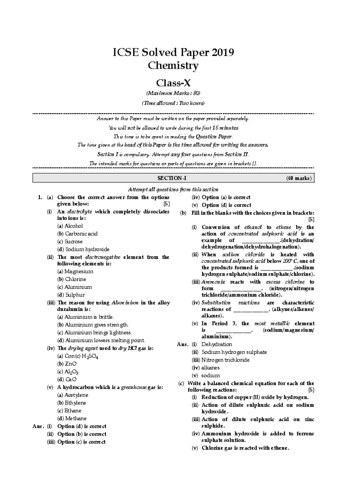 ICSE 2019 Chemistry Solved Paper (Max Marks: 80, Time: 2 hrs) - Studocu