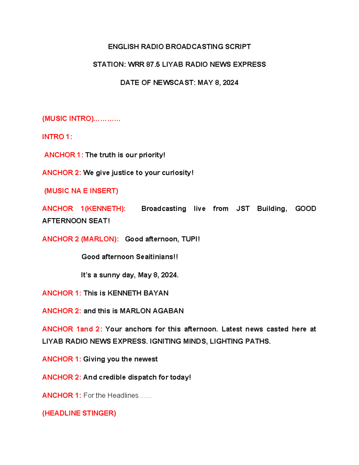 ENGLISH RADIO NEWS CAST SCRIPT - WRR 87 LIYAB (MAY 8, 2024) - Studocu