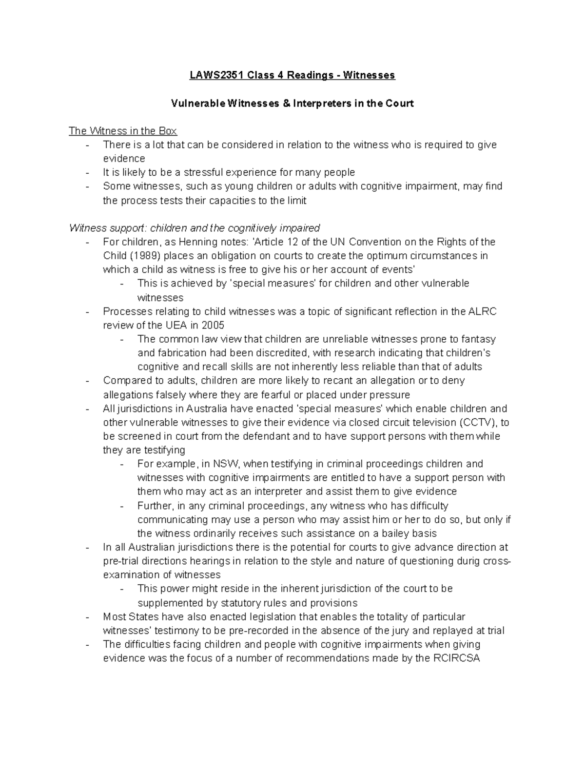 LAWS2351 Class 4 Readings - The Role of Vulnerable Witnesses in Court ...