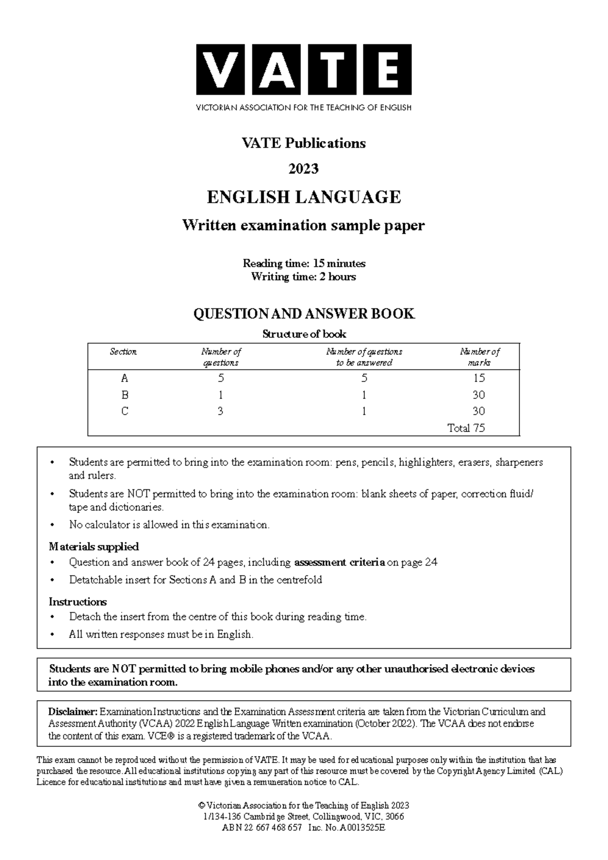 Practice Exam 2023 - VATE English Language Assessment Guide - Studocu
