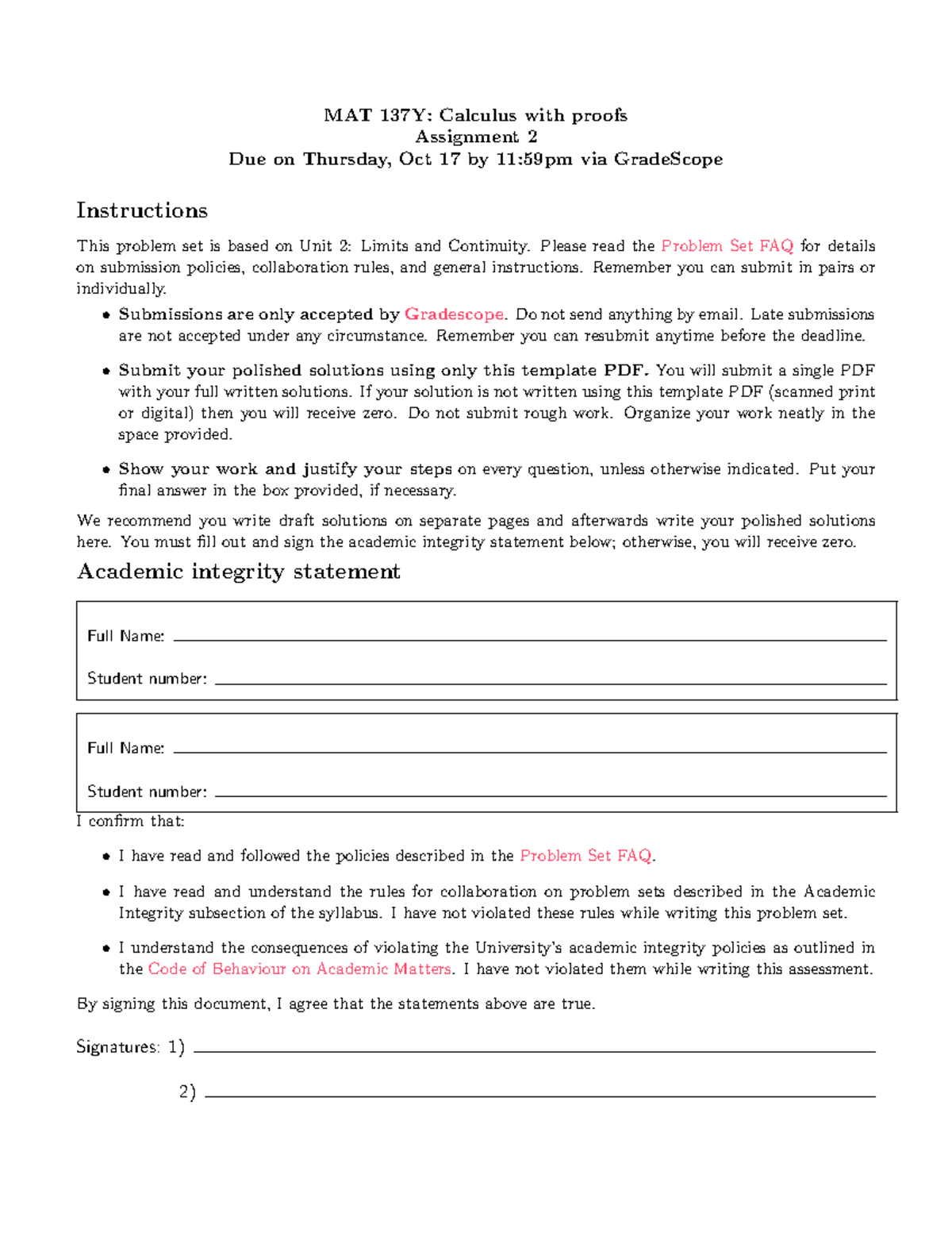 Problem Set 2 - MAT 137Y: Calculus with proofs Assignment 2 Due on ...