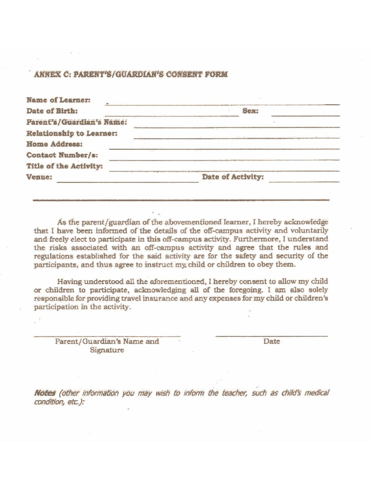 Parents Consent Form for Activity Participation 1.6 - Studocu