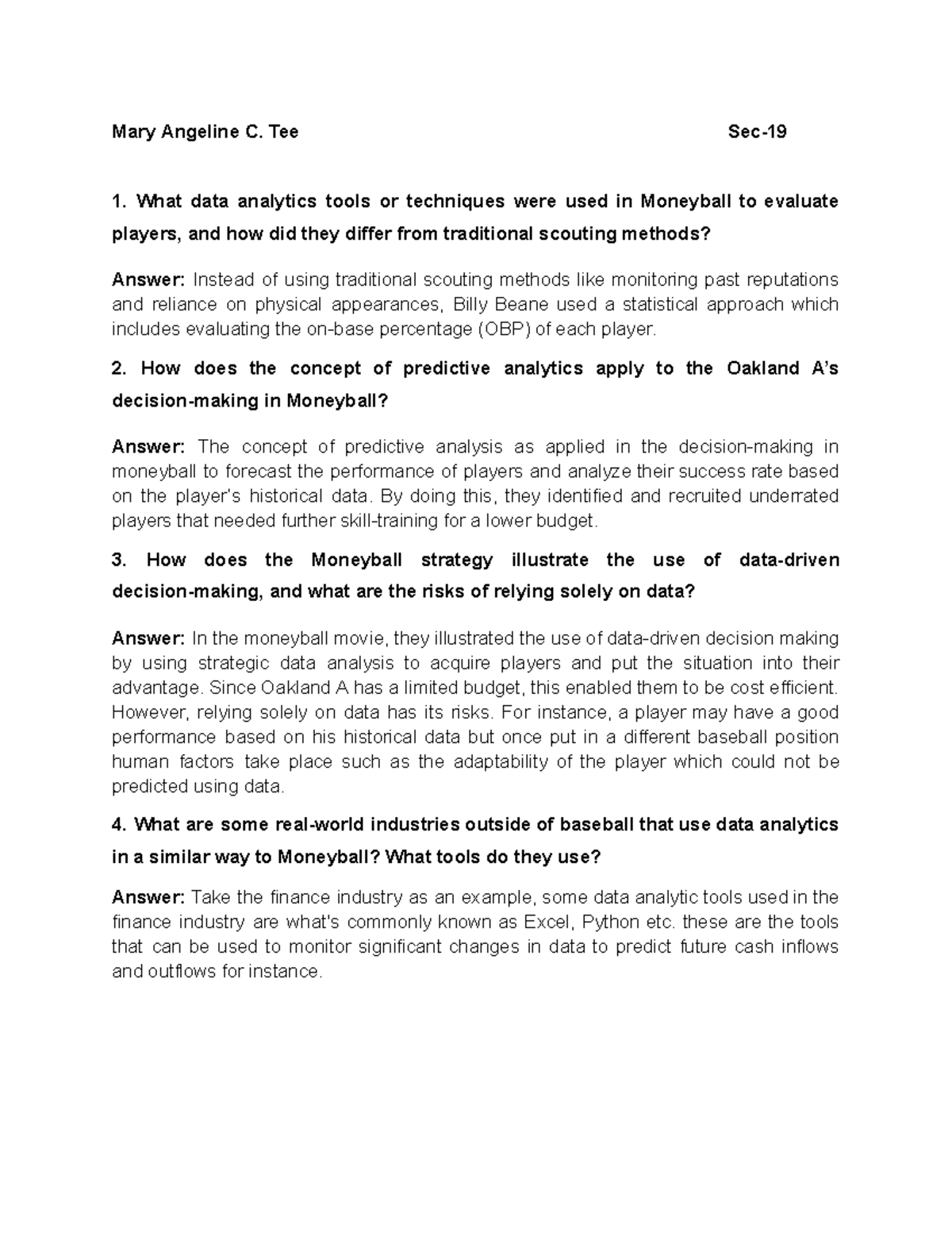 Film Review moneyball - Mary Angeline C. Tee Sec- What data analytics tools or techniques were ...