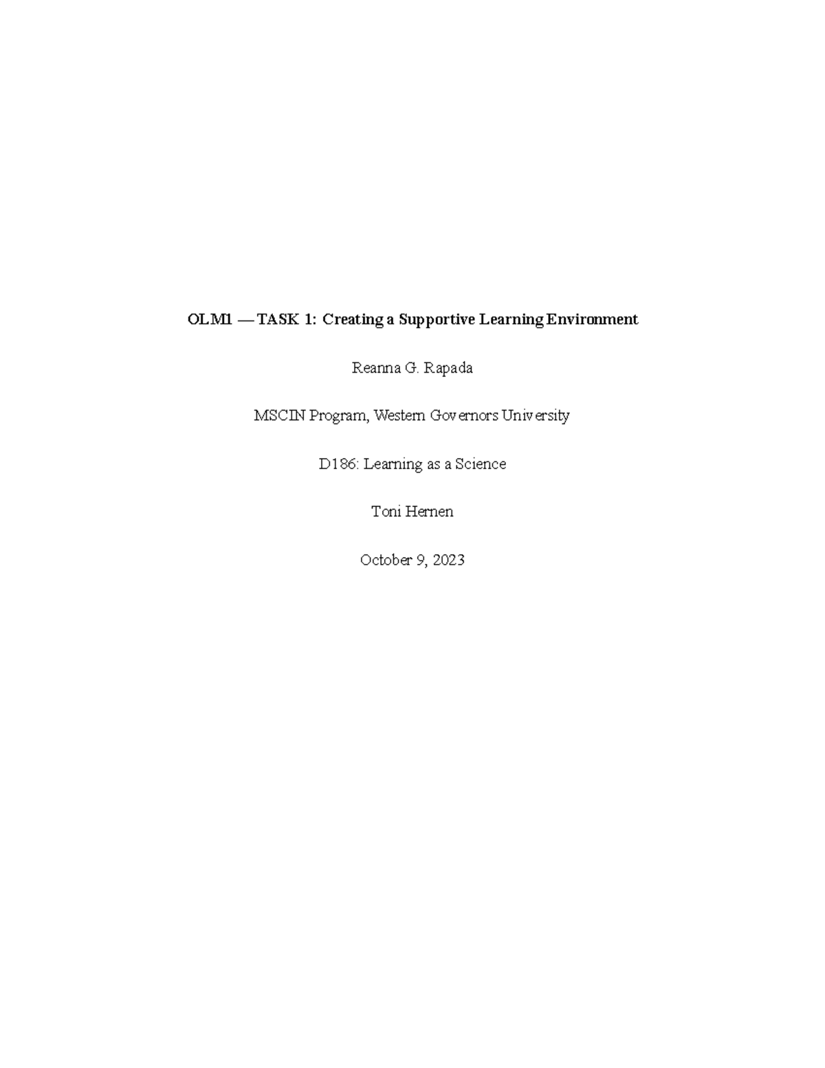 D186 Task 1: Creating a Culturally Responsive Classroom Environment ...