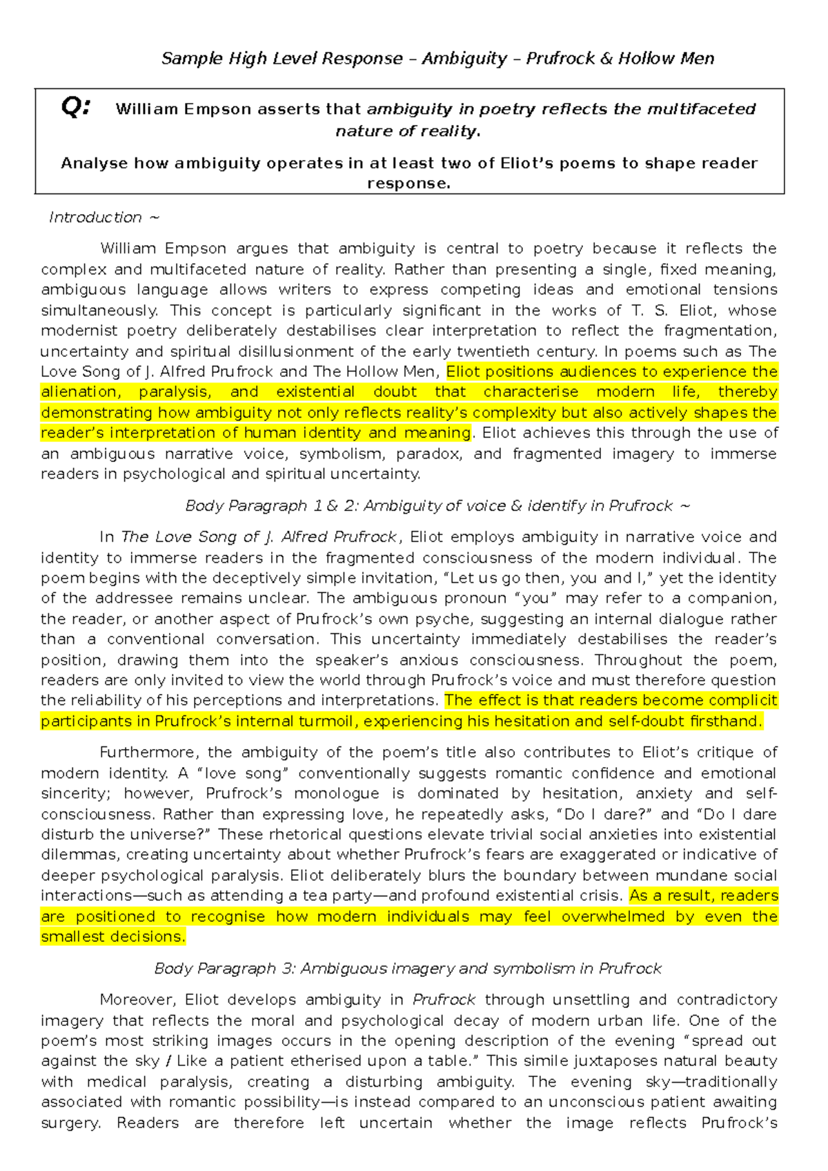 Exam Prep - Sample High Level Response: Ambiguity in Prufrock & Hollow ...