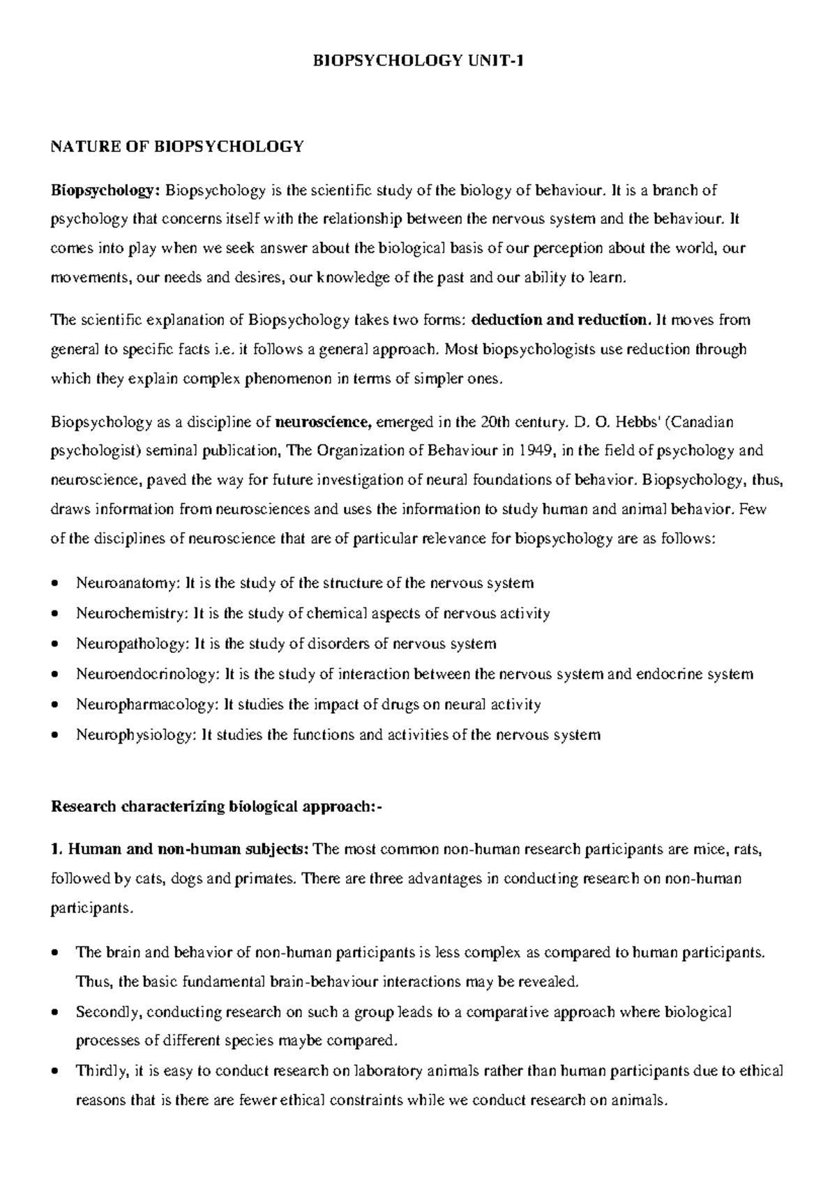 Biopsych Unit 1 - BIOPSYCHOLOGY UNIT- 1 NATURE OF BIOPSYCHOLOGY ...
