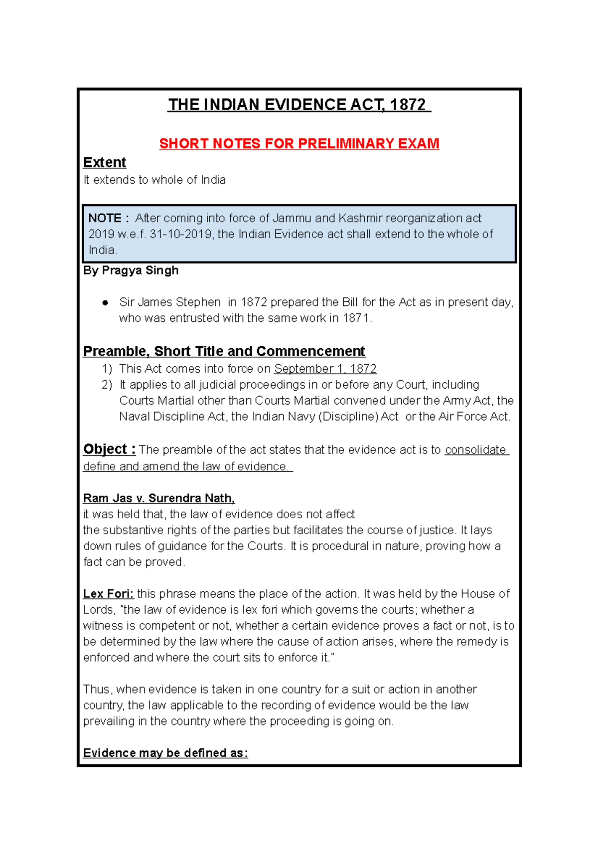 Indian Evidence Act - THE INDIAN EVIDENCE ACT, 1872 SHORT NOTES FOR ...