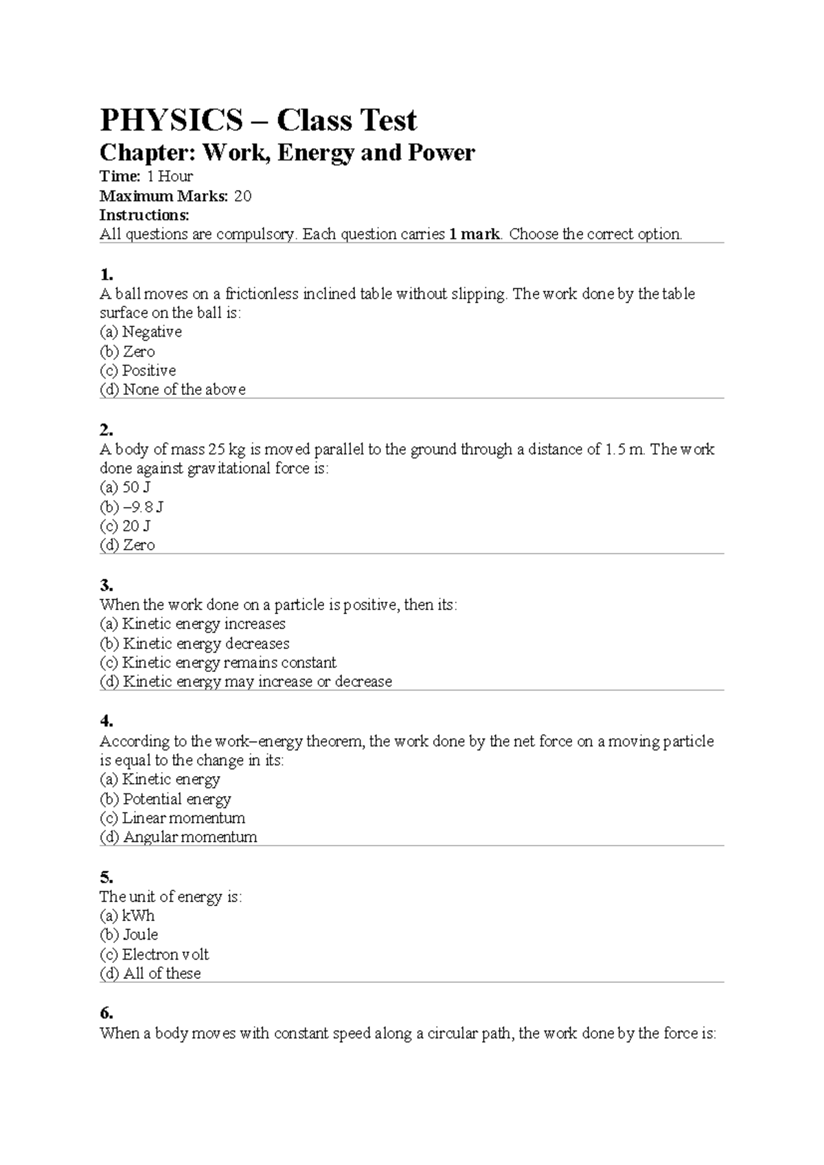 PHYSICS WEP TEST: Work, Energy, and Power Notes - Studocu
