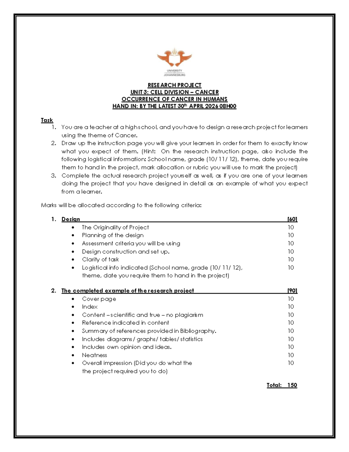 Research Project Unit 3: Cancer & Cell Division - Grade 12 Worksheet ...