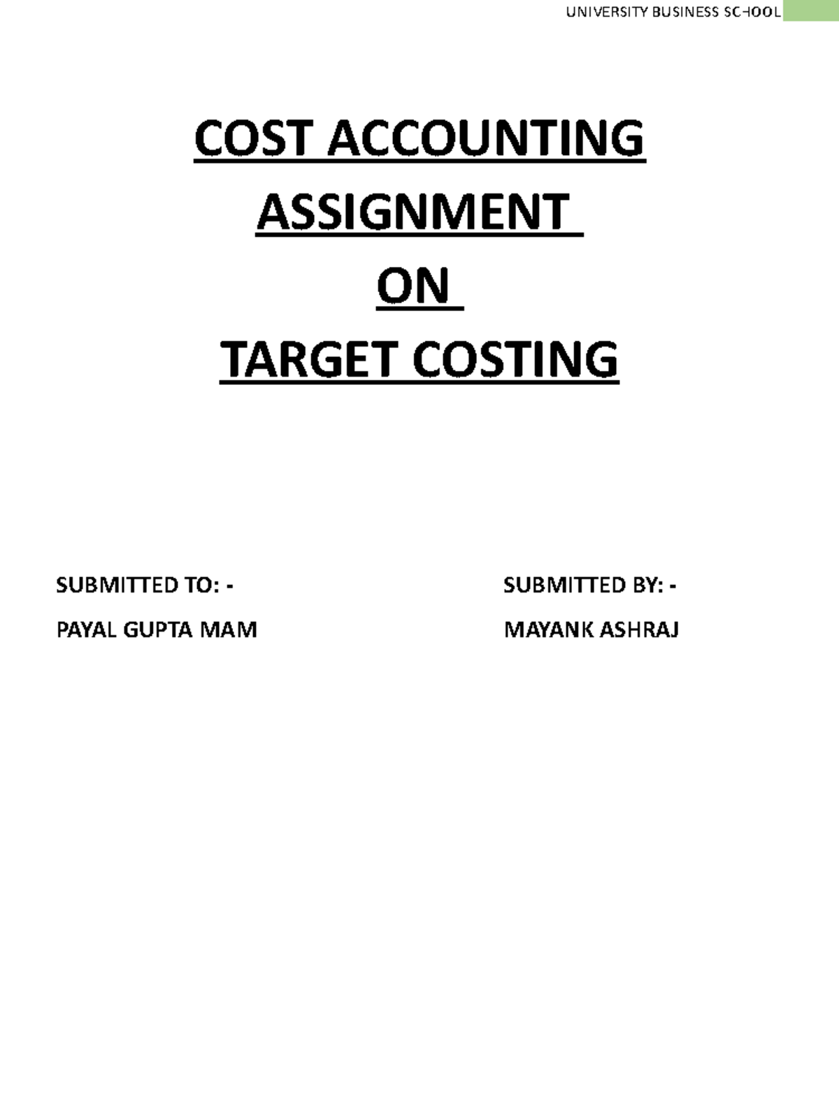 COST Accounting Assignment: Exploring Target Costing Concepts - Studocu