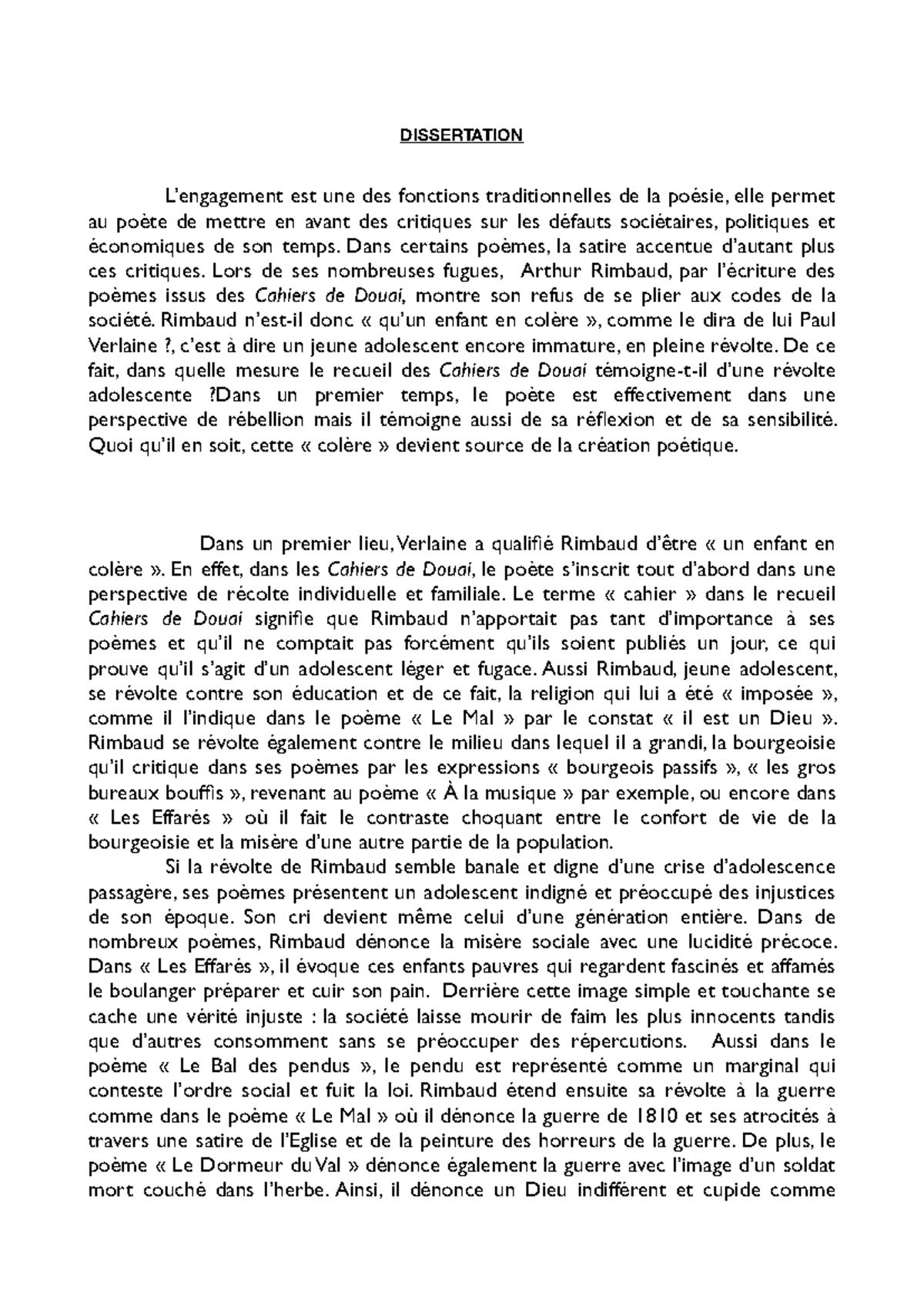 Dissertation sur Les Cahiers de Douai : Révolte et Poésie de Rimbaud ...