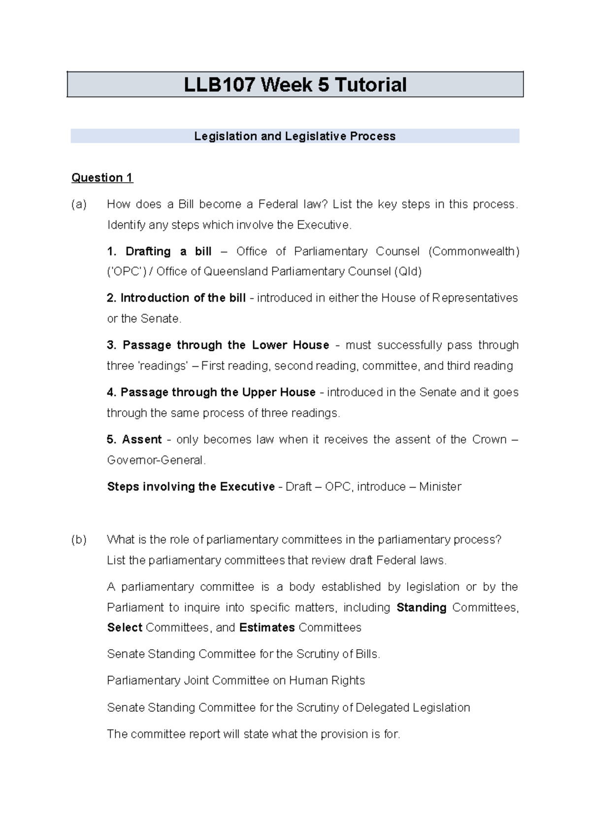 LLB107 Week 5 Tutorial: Understanding Legislation & Legislative Process ...