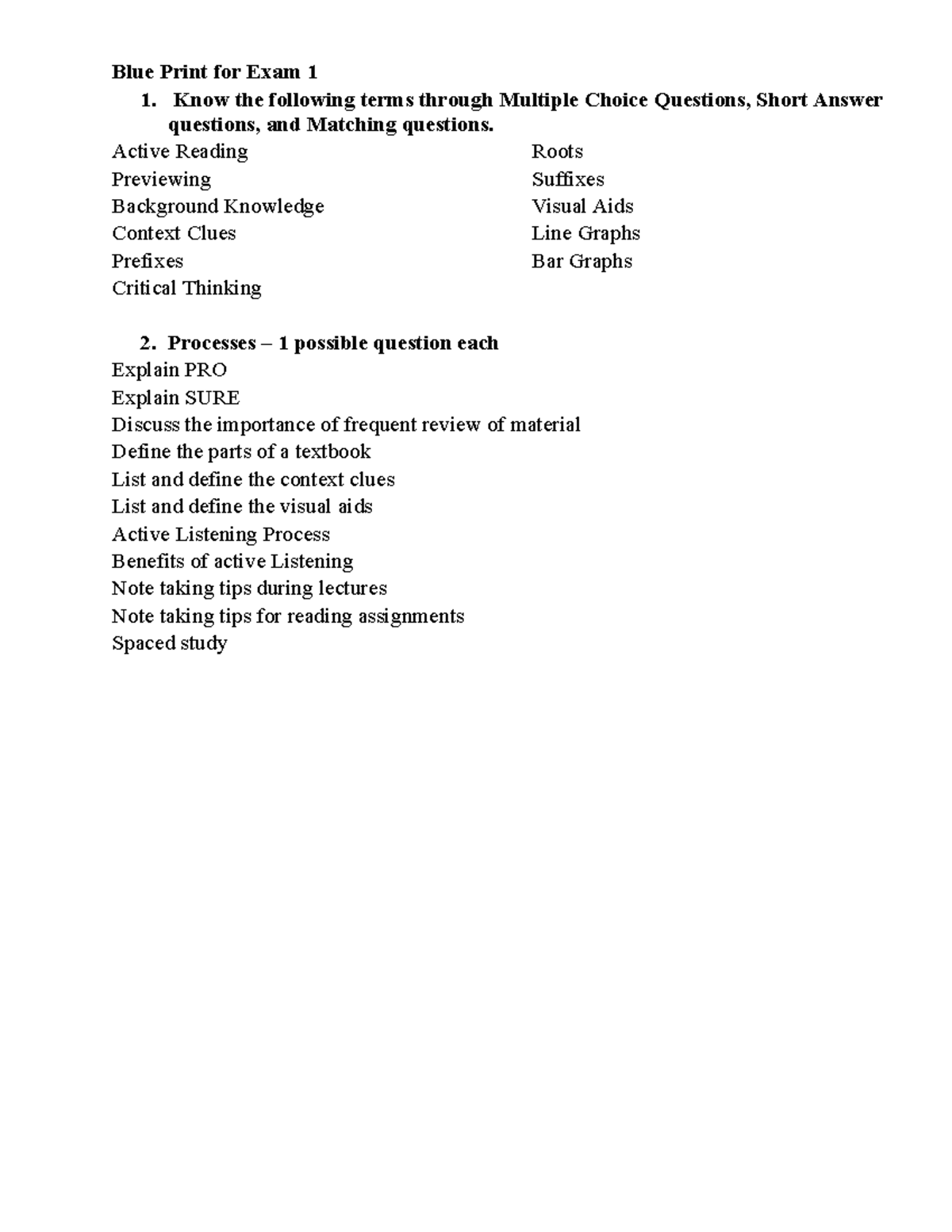 Exam 1 Blueprint and Practice Questions (Terms and Processes) - Studocu