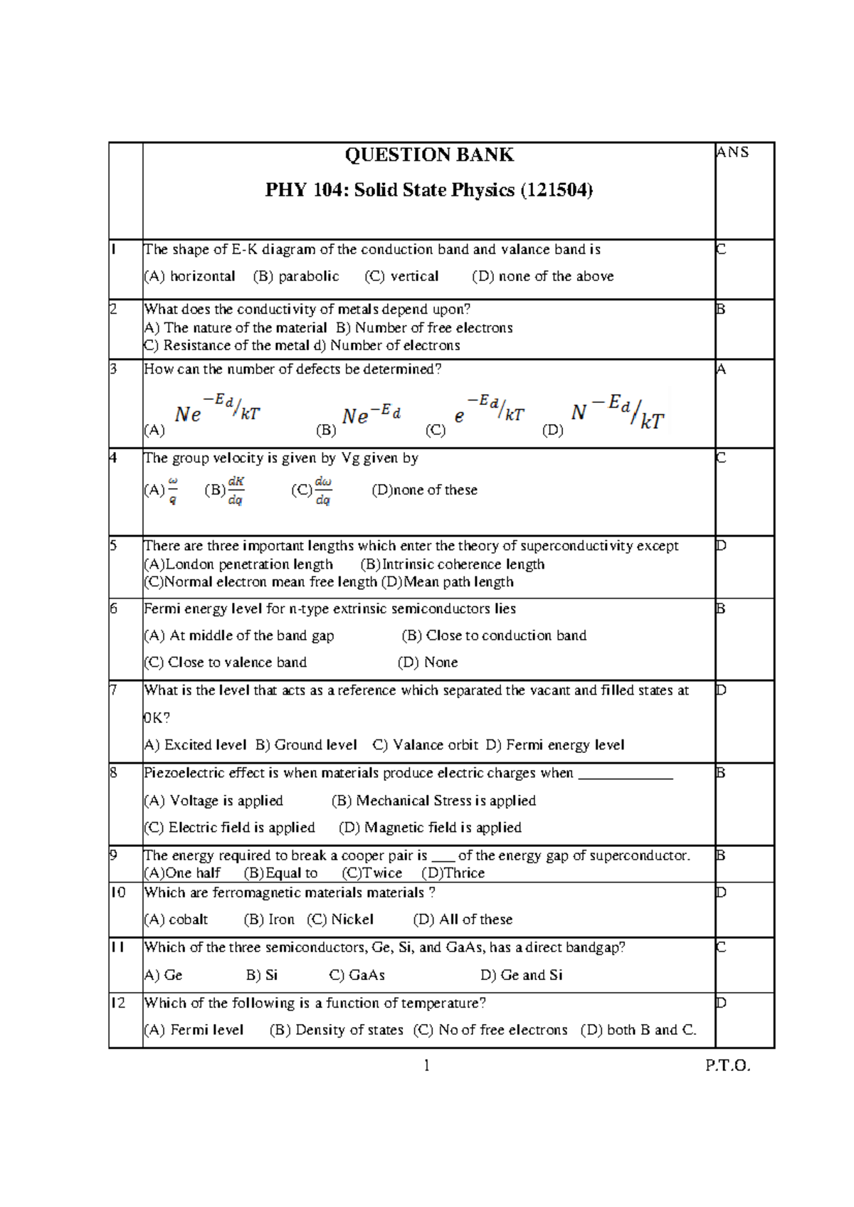 MSc I Physics PHY 104 Solid State Physics Question Bank and Answers ...