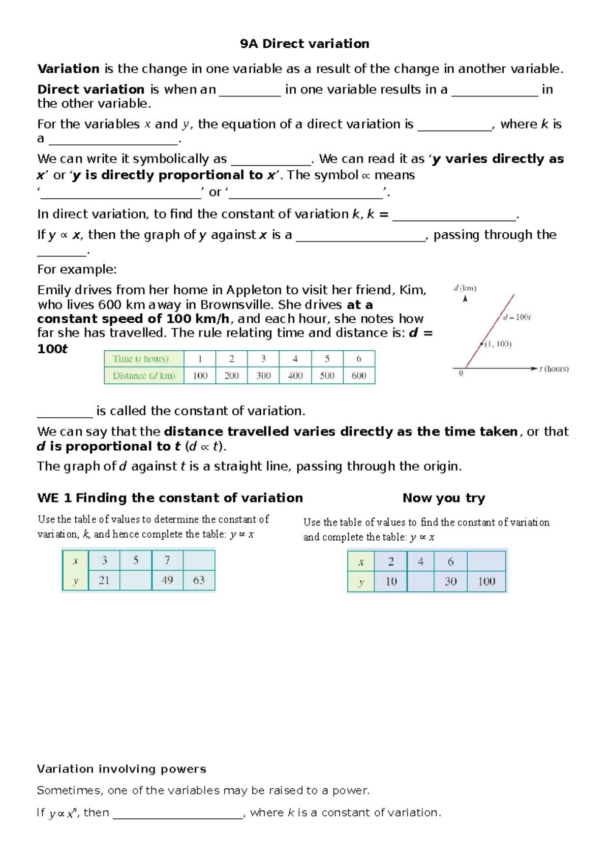 9A Direct Variation - Study Notes on Proportional Relationships - Studocu