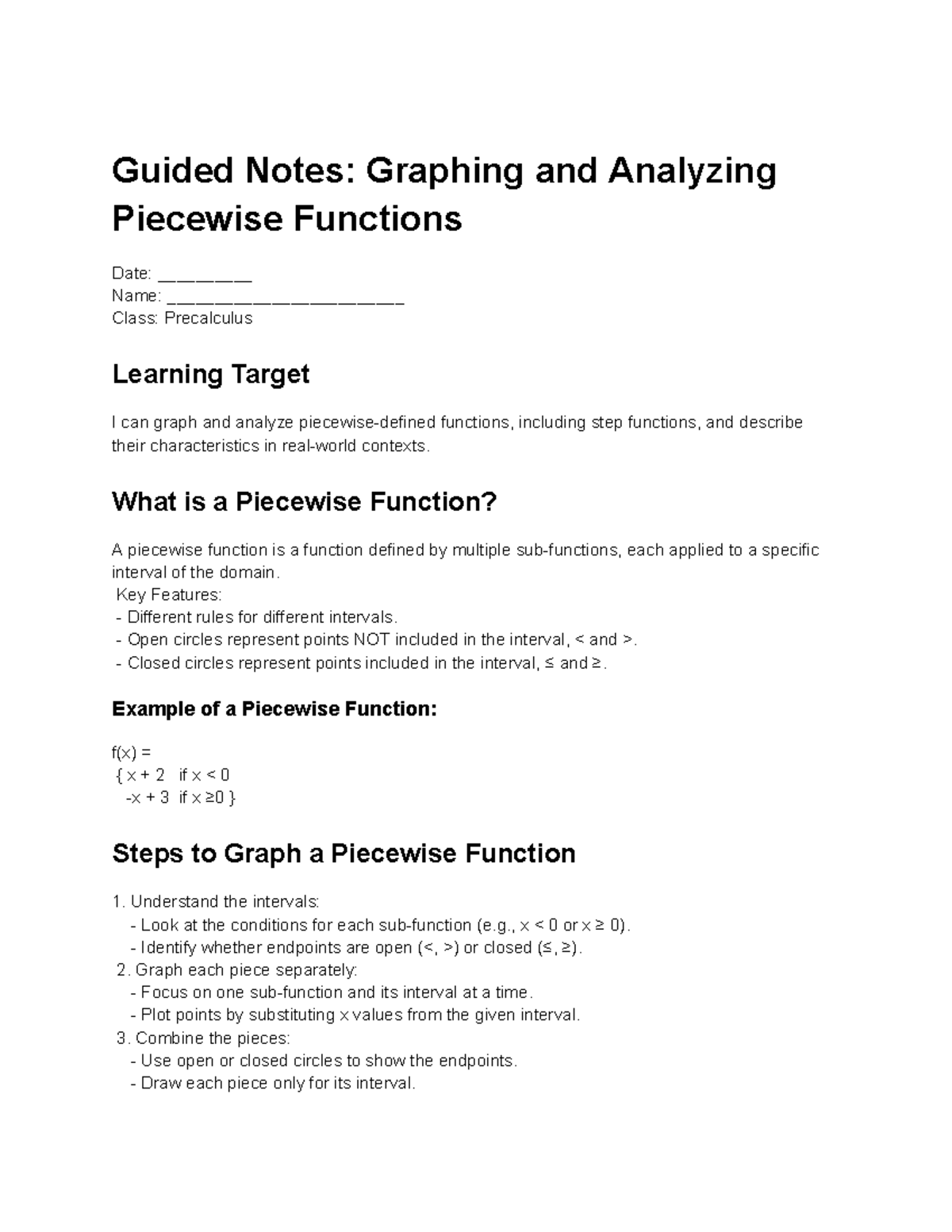 Guided Notes: Graphing & Analyzing Piecewise Functions in Precalculus ...