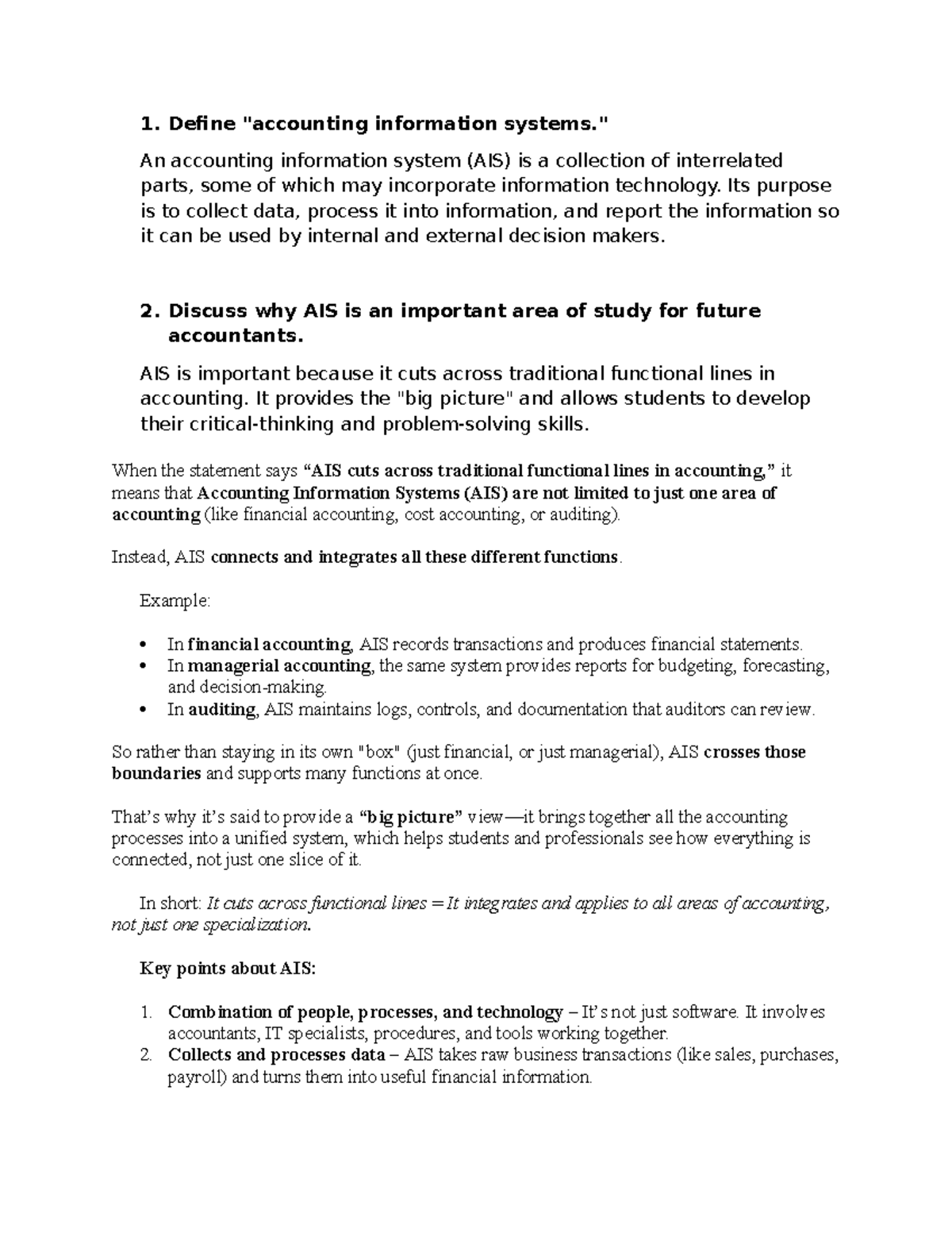 Accounting Information System (AIS) Chapter 1 Overview - Studocu