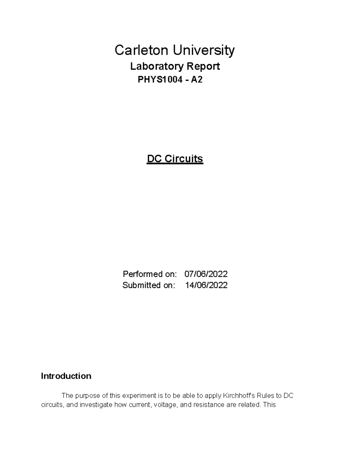 Lab#2 DC Circuits - Lab 2 - Carleton University Laboratory Report ...