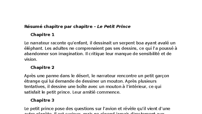 Résumé chapitre par chapitre – Le Petit Prince (LP-101) - Studocu