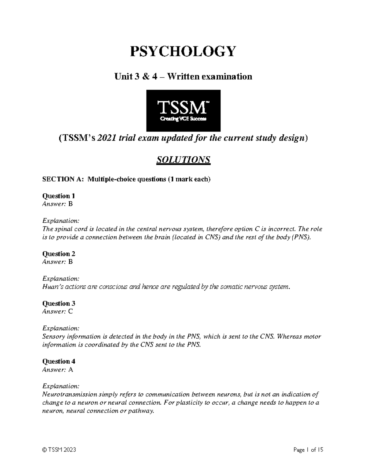 PSYCHOLOGY 2023 Unit 3&4 Trial Exam Solutions - Studocu