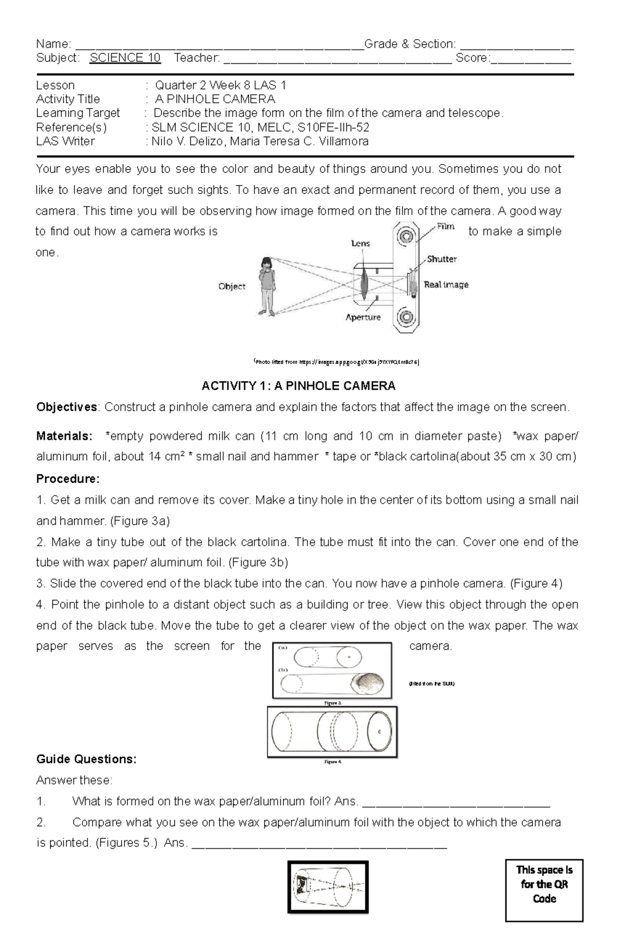 Science 10-Q2-W8-LAS1: Understanding the Pinhole Camera Activity - Studocu