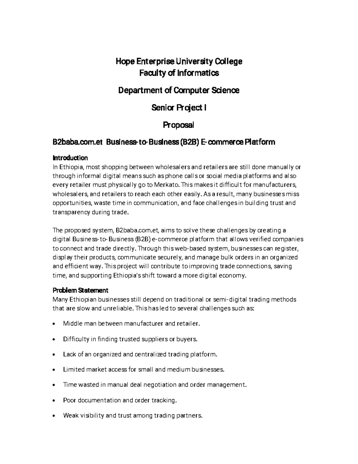 Senior Project I Proposal: B2B E-commerce Platform for Ethiopia - Studocu