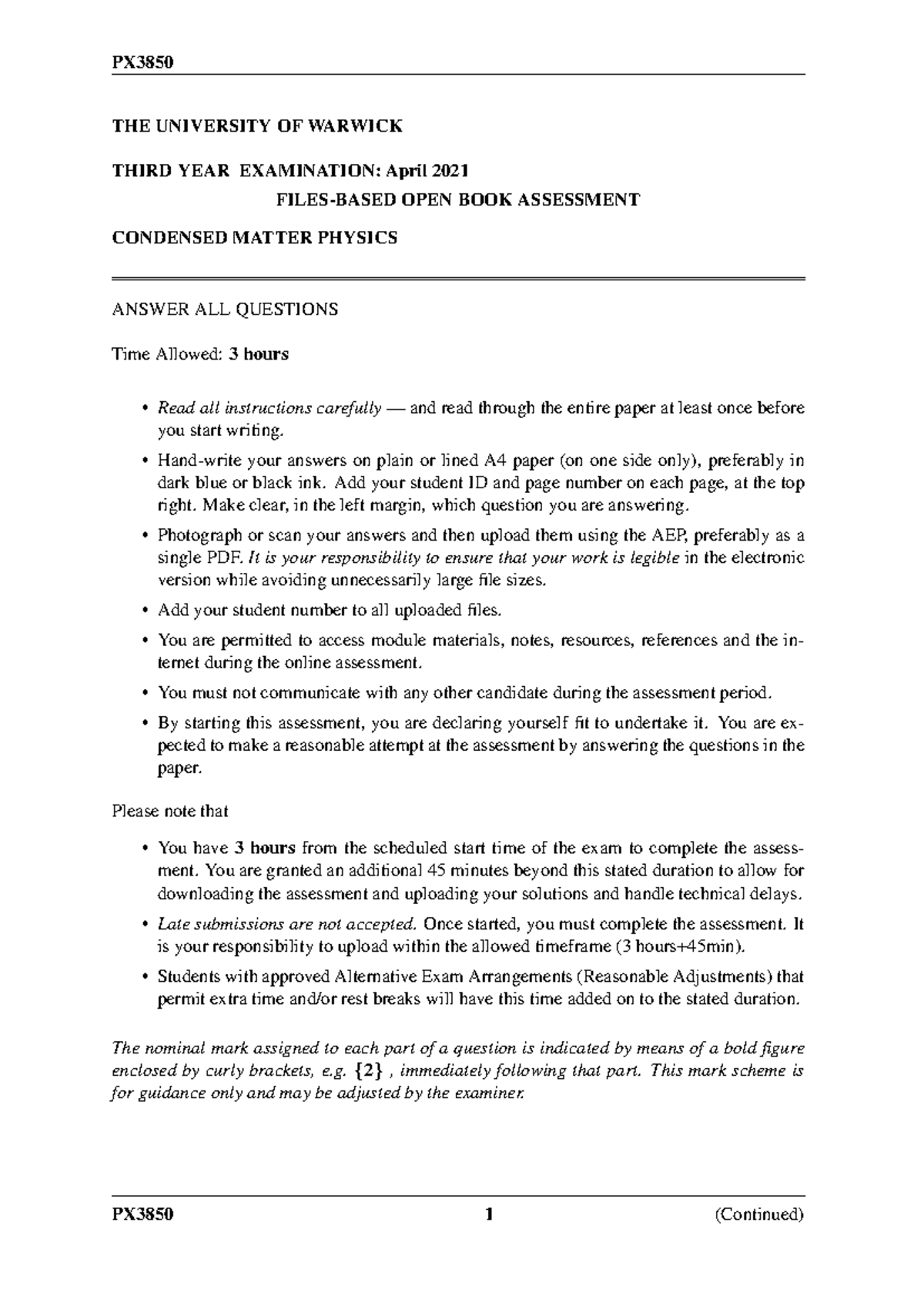PX3850 Condensed Matter Physics Open Book Exam - April 2021 - Studocu