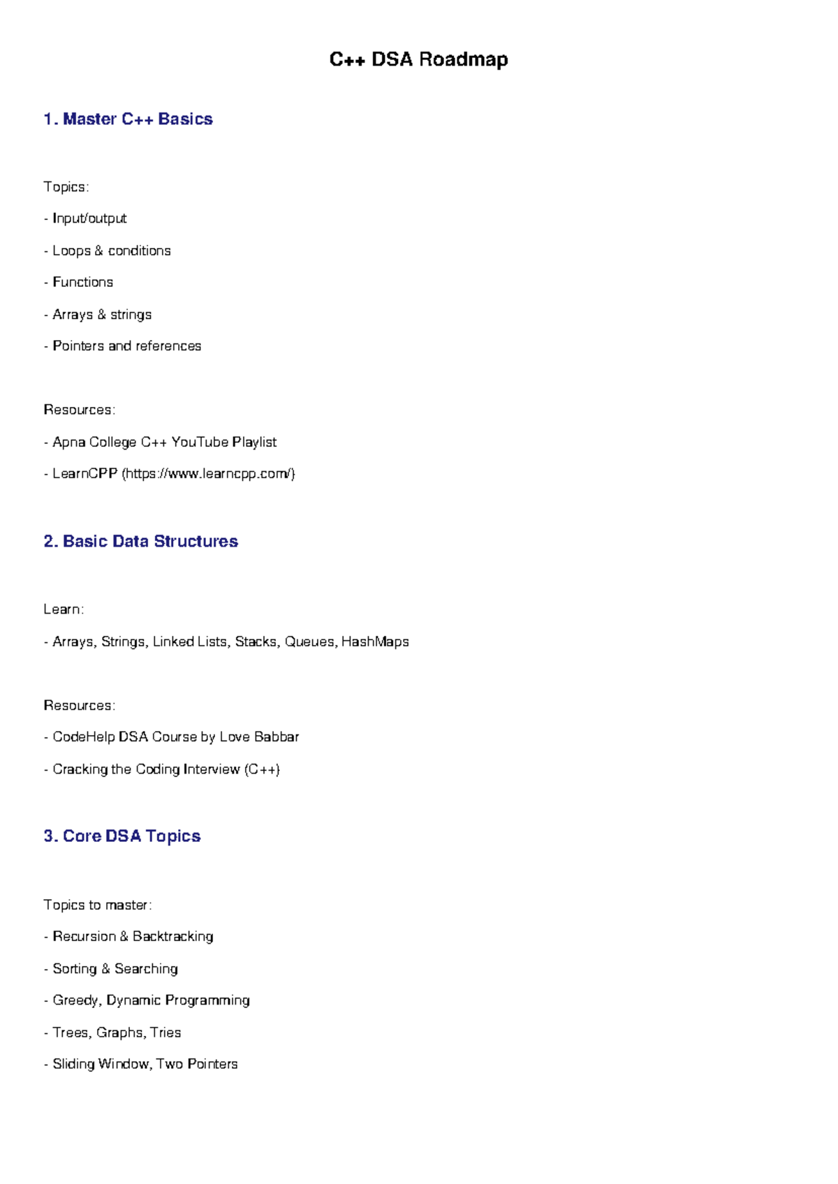 C++ DSA Roadmap: Mastering Basics & Core Topics - Studocu