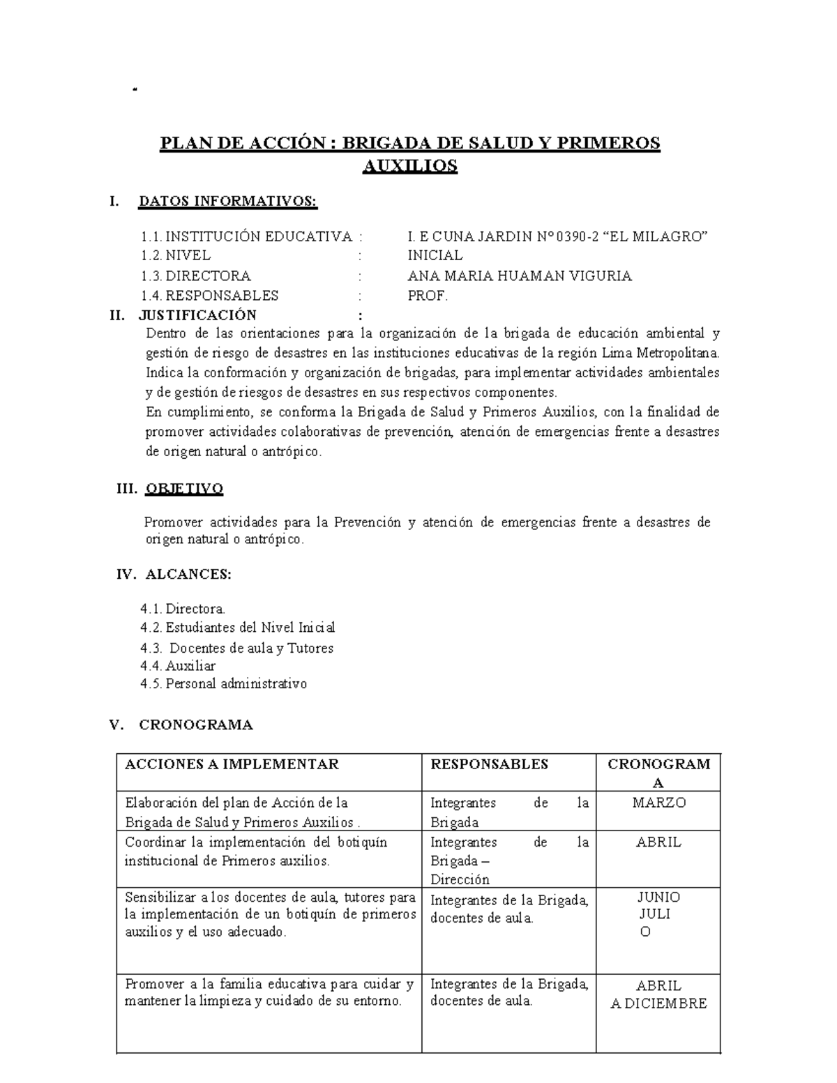 Plan de Acción: Brigada de Salud y Primeros Auxilios 2023 - Studocu