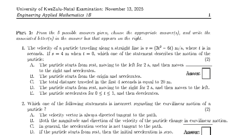 Math142 Exam 2025: Engineering Applied Mathematics 1B Questions and ...