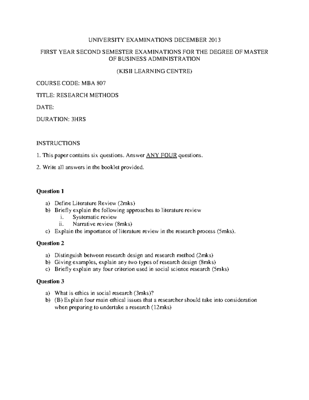 MBA 807 Research Methods Final Exam December 2013 - Studocu