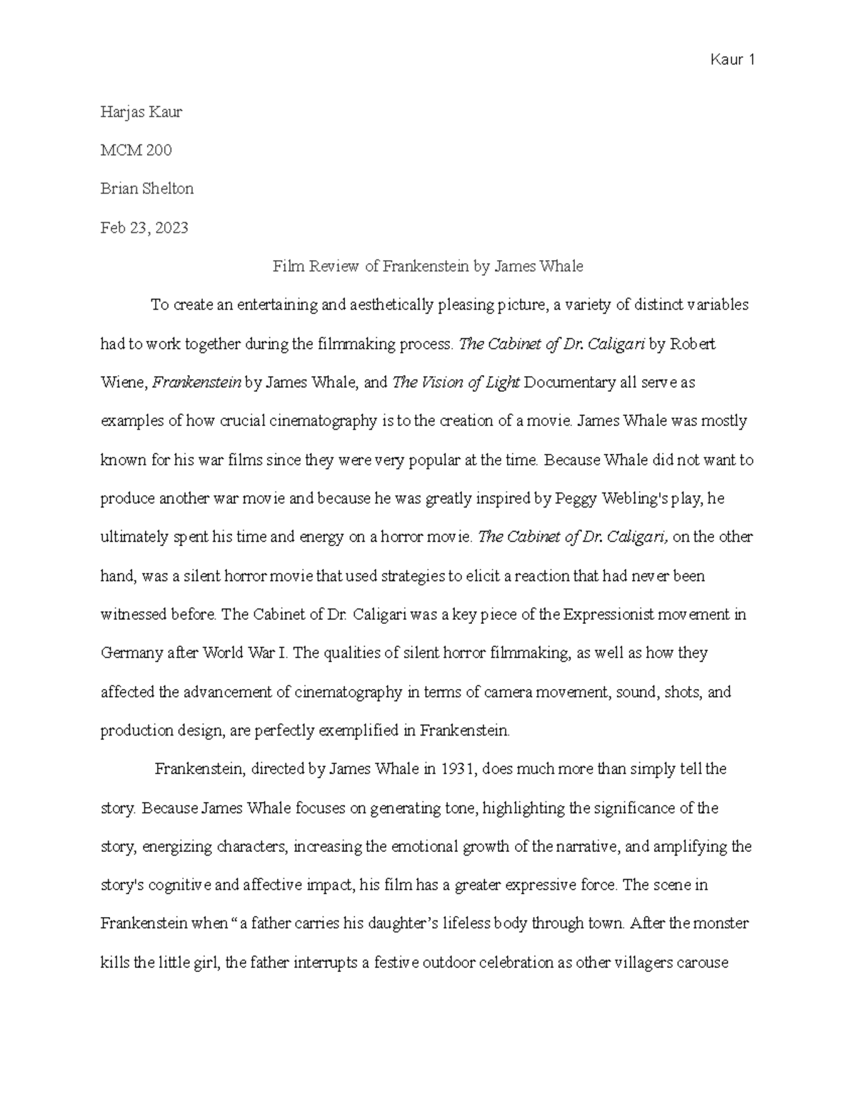 MCM 200 Film Review 2: Analysis of Whale's Frankenstein - Studocu