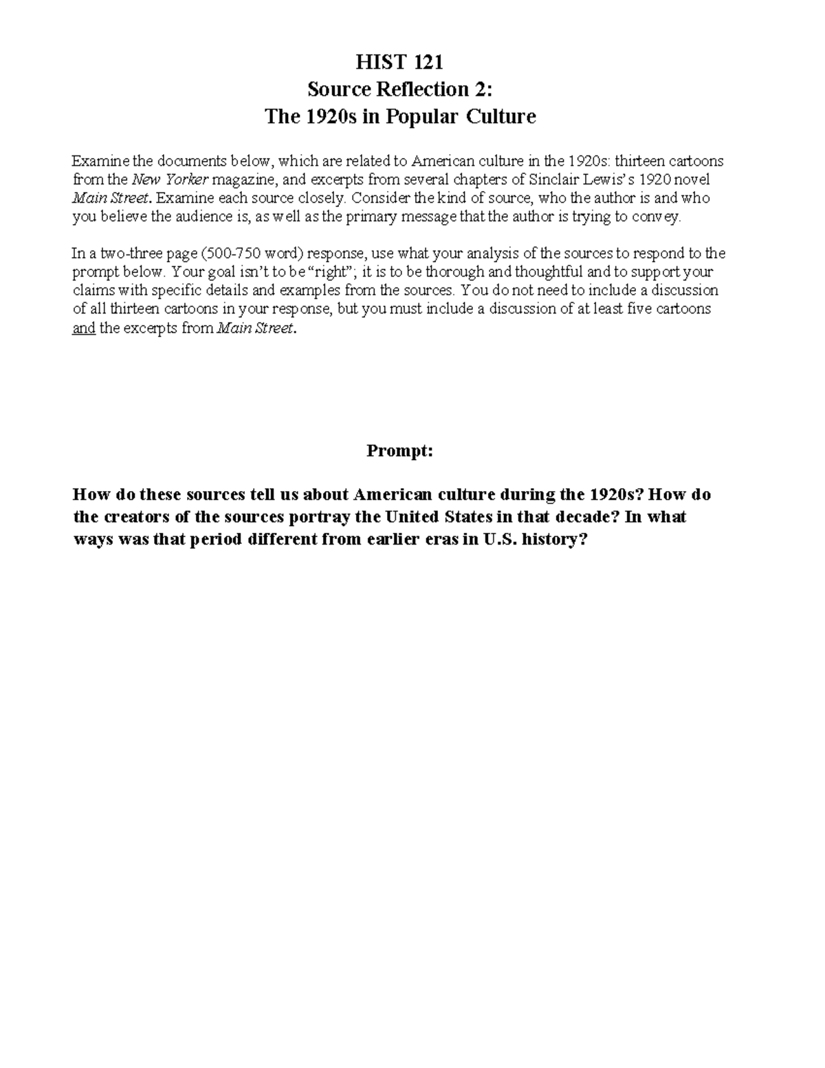 HIST 121 Source Reflection: Analyzing 1920s American Culture - Studocu