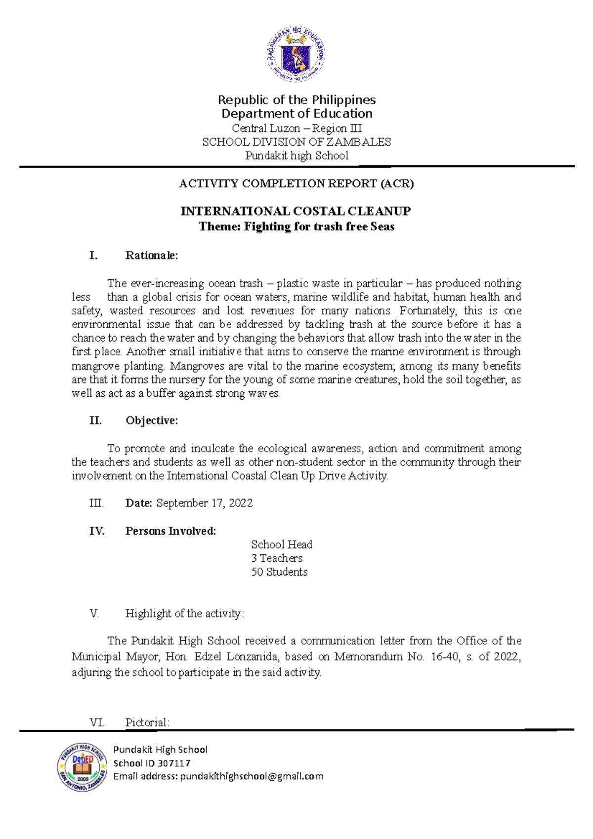 Coastal Cleanup ACR - Activity Completion Report for Pundakit High School - Studocu