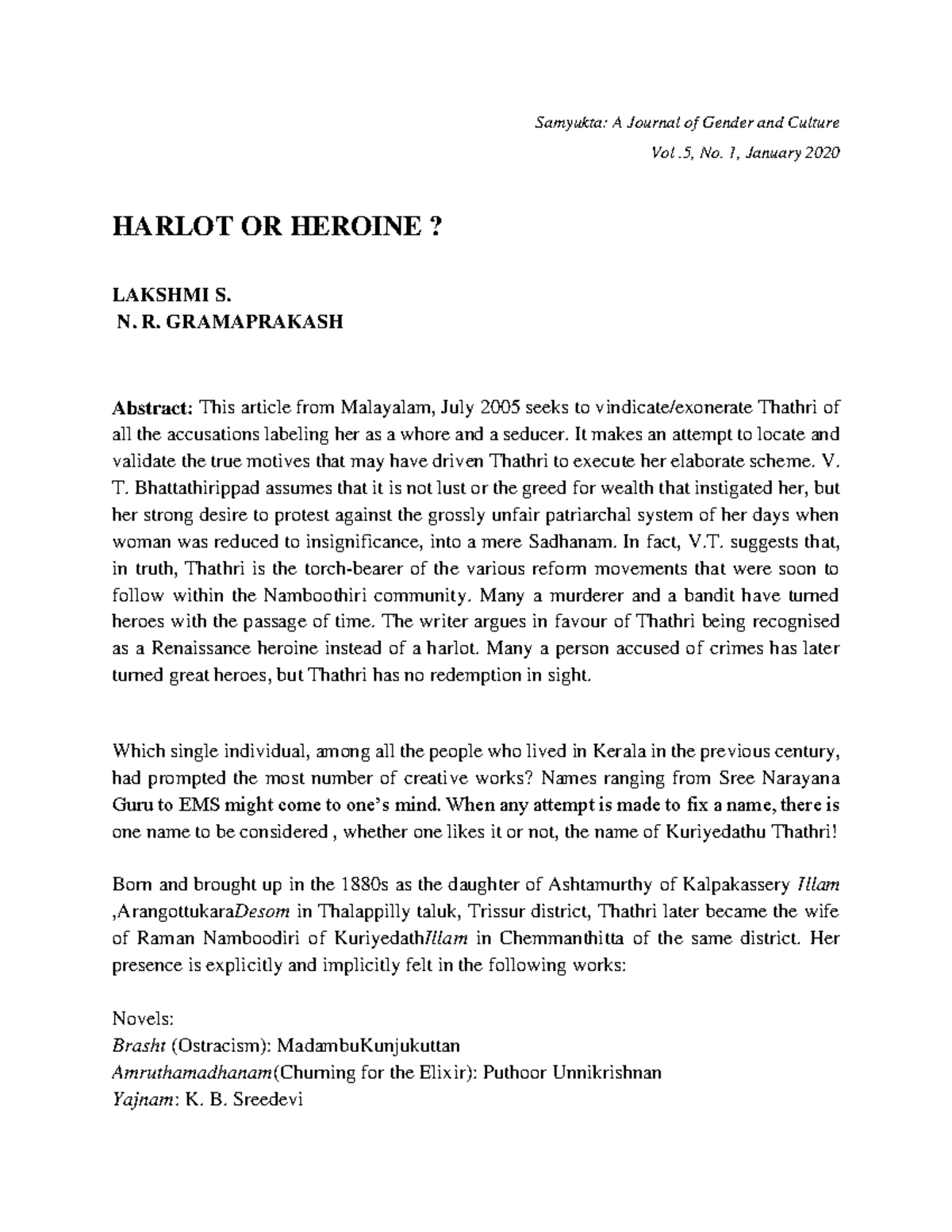 HARLOT OR HEROINE? THATHRI'S LEGACY IN KERALA'S RENAISSANCE (SAMYUKTA ...