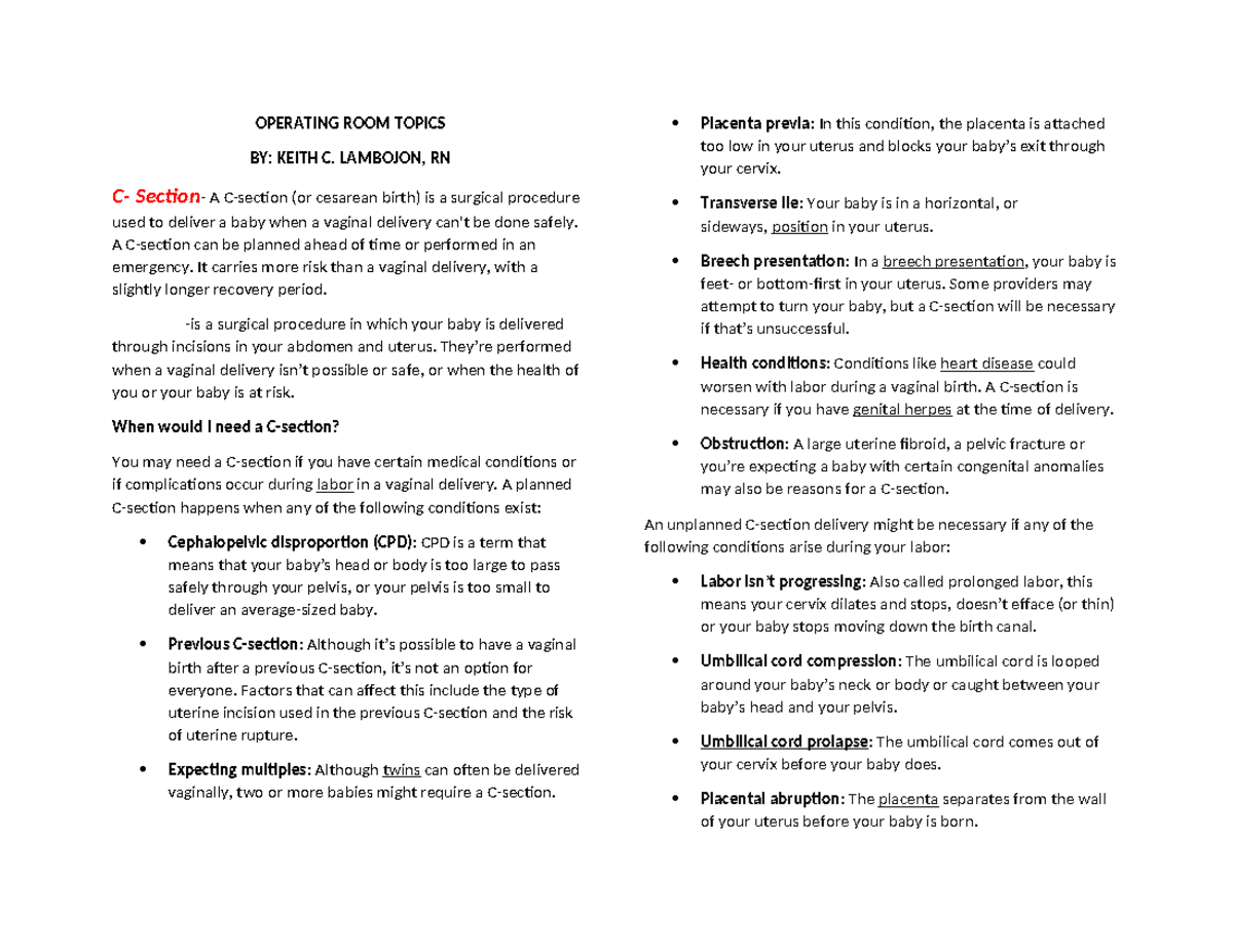 Operating Room Topics: Cesarean Section and Related Conditions - Studocu