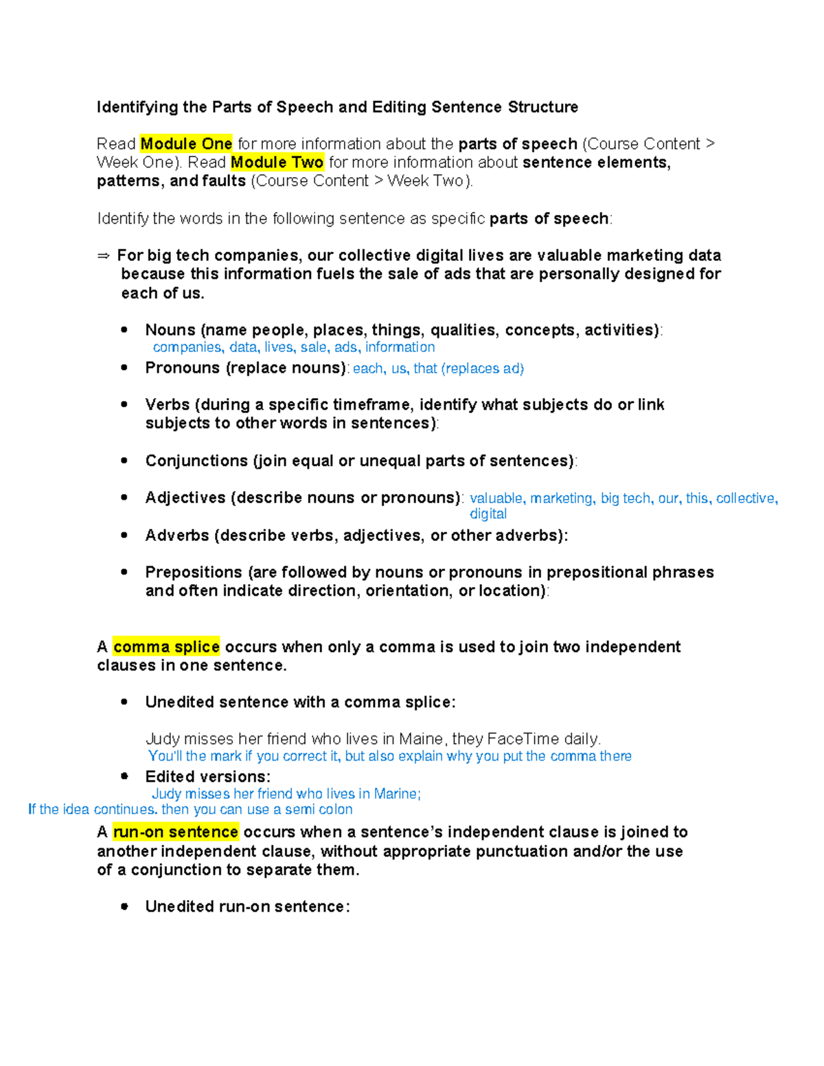 Identifying the Parts of Speech and Editing Sentence Structure(1 ...