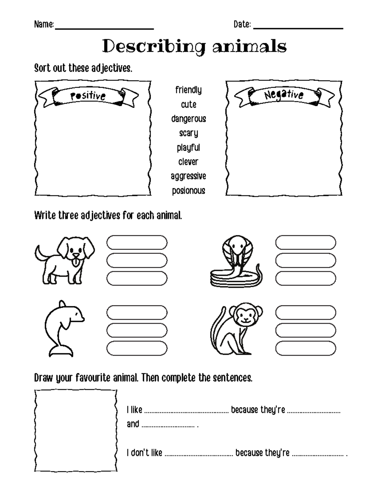 Black and white simple describing animals adjectives EFL worksheet - N ...